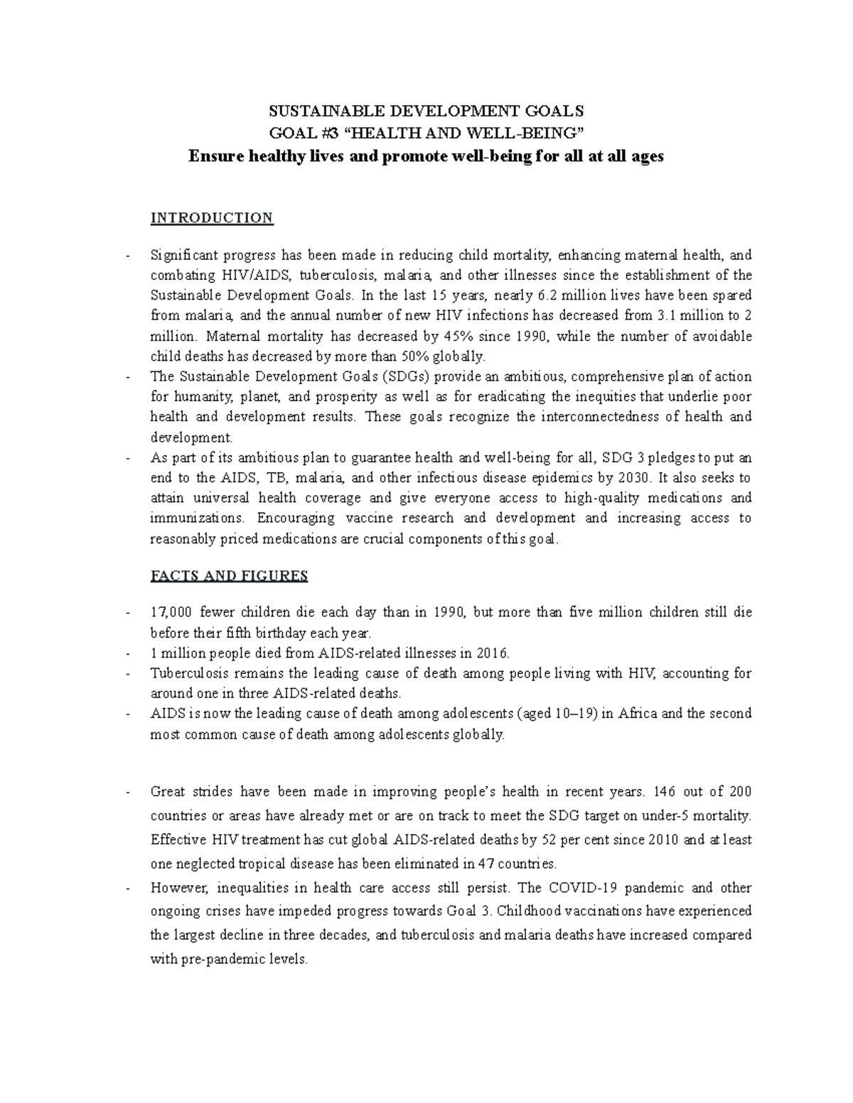 SDG 3 Final Paper - SDG 3 - SUSTAINABLE DEVELOPMENT GOALS GOAL #3 ...