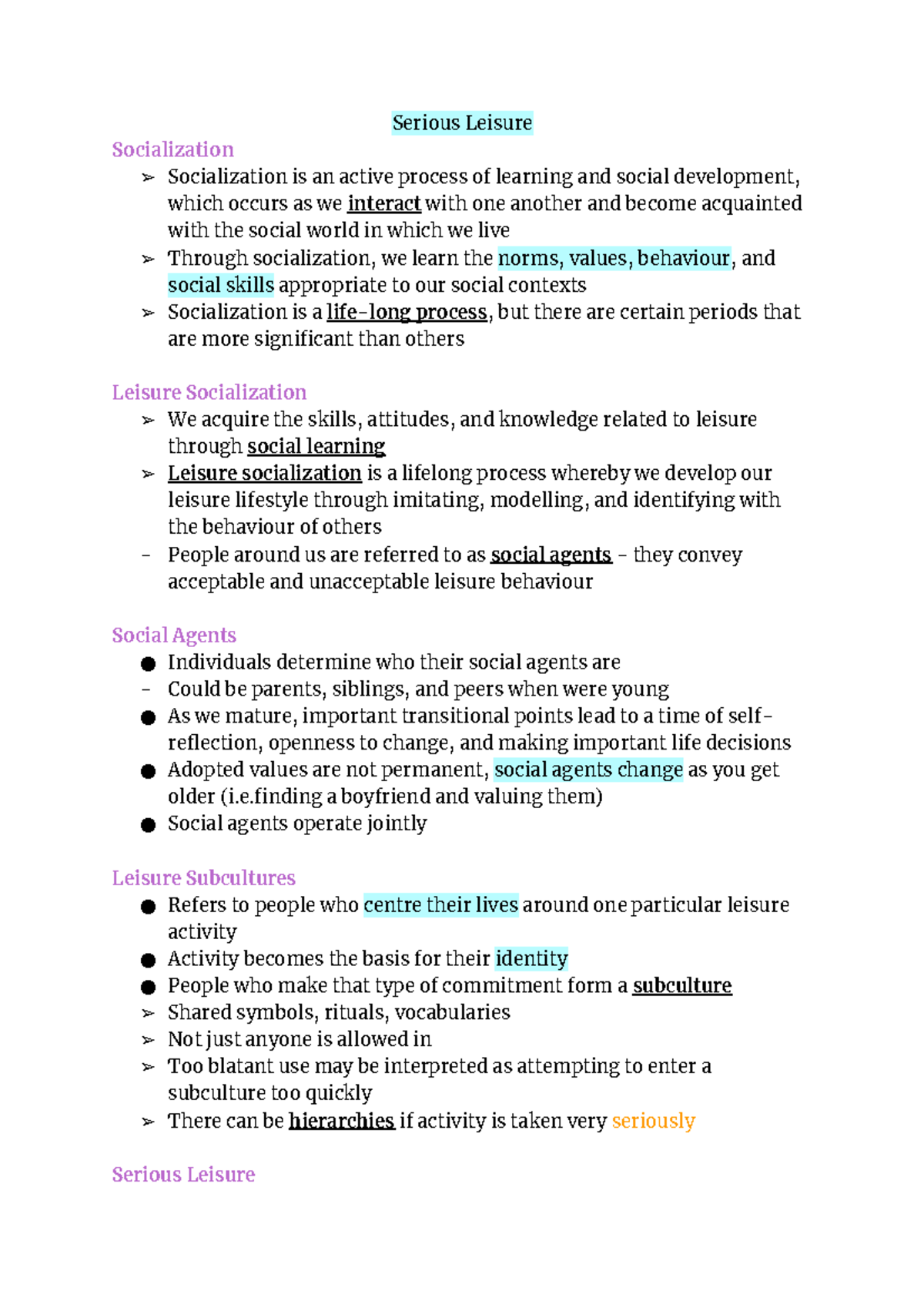 Serious Leisure - week 3 notes - Serious Leisure Socialization ...