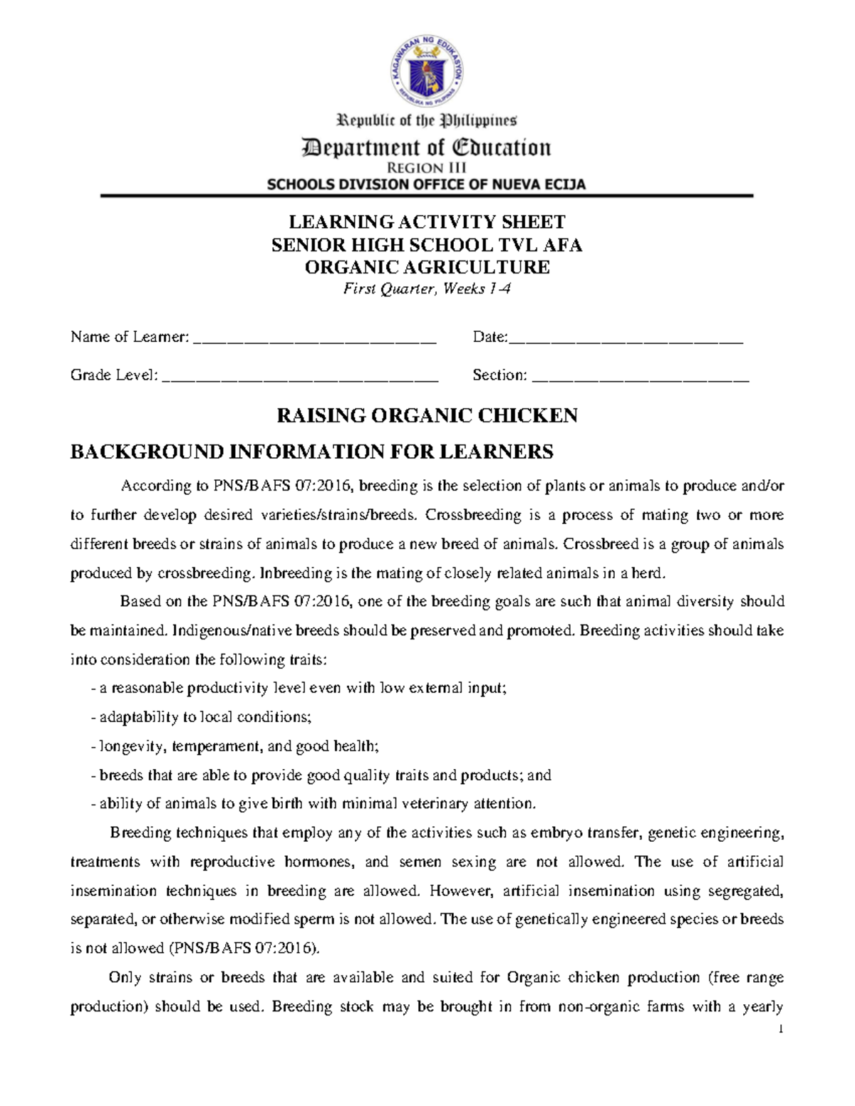 SHS-TVL-AFA OAP WEEK-1-4 Raising- Chicken Sarah-D - LEARNING ACTIVITY ...