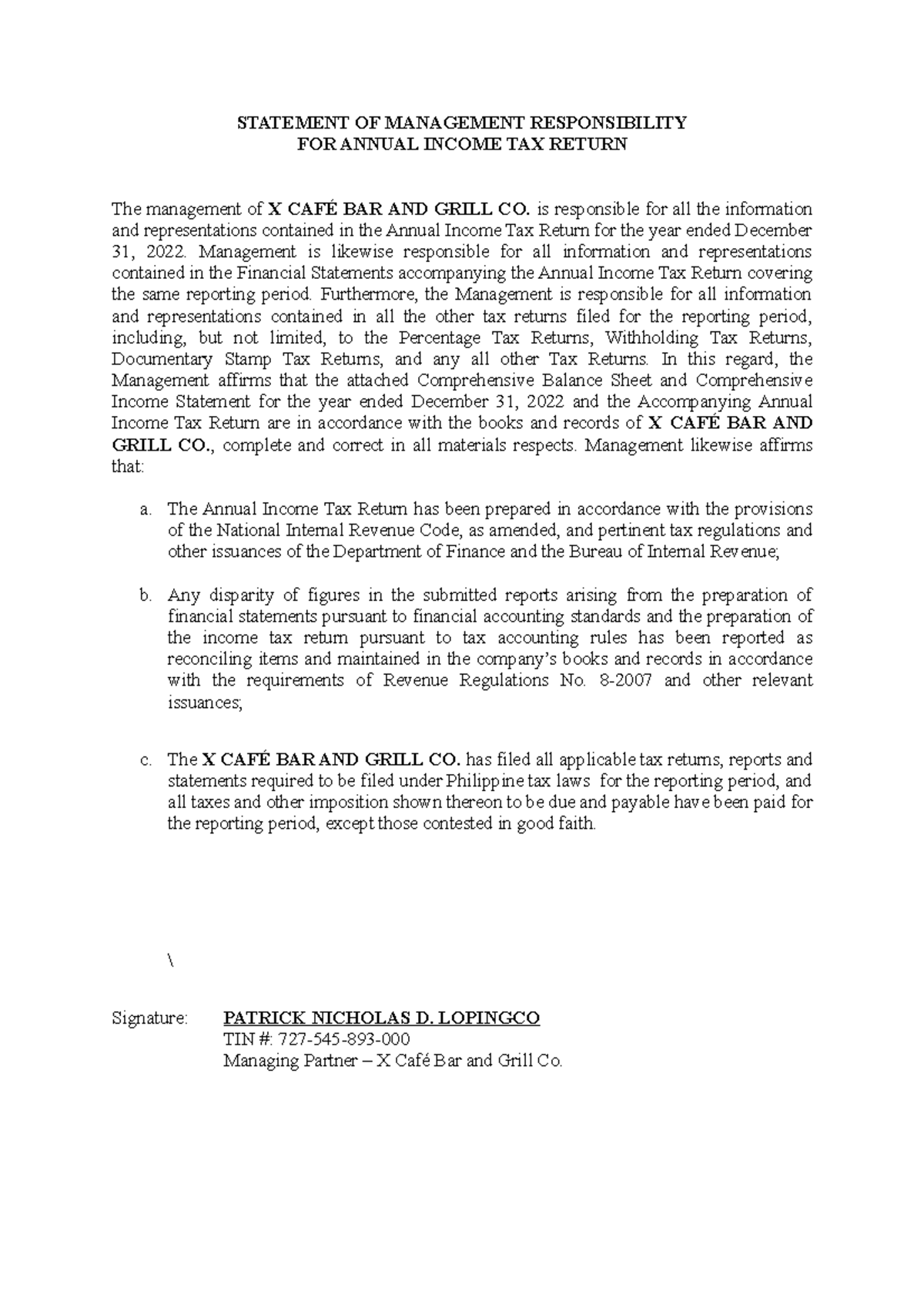 Statement OF Management Responsibility - STATEMENT OF MANAGEMENT ...