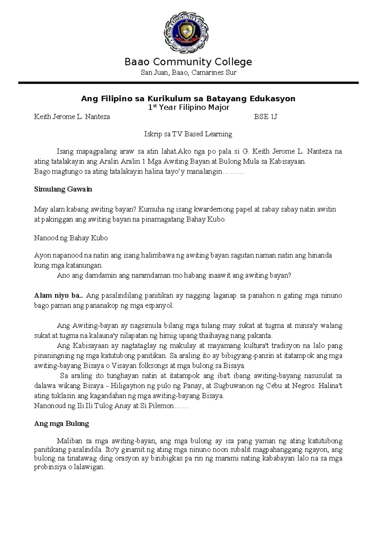 Script IN TV Based - Baao Community College San Juan, Baao, Camarines ...