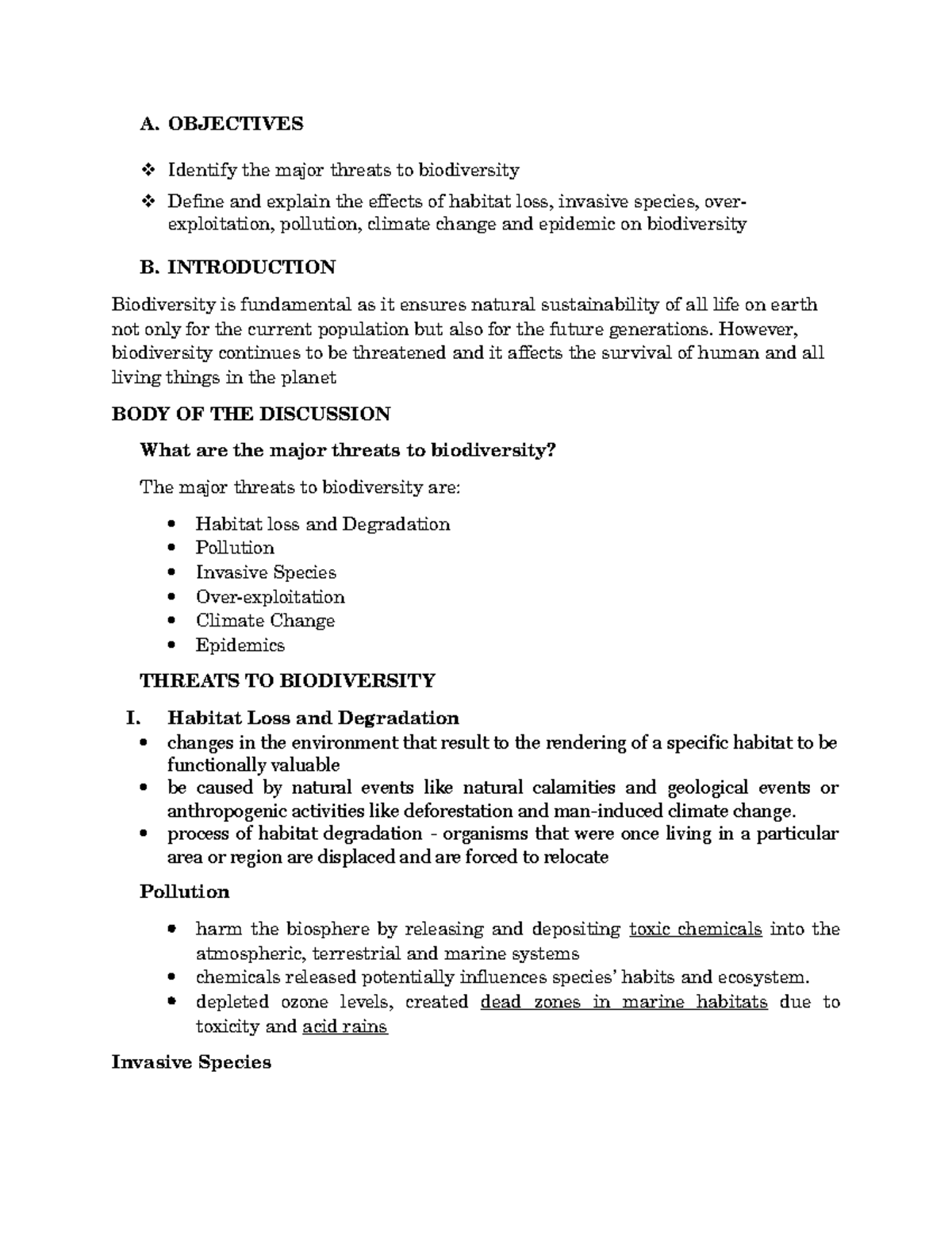 Environmental Science Summary Lecture Notes - A Identify the major ...