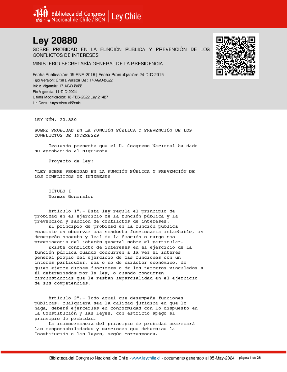 Ley-20880 05-ENE-2016 - Ley 20880 SOBRE PROBIDAD EN LA FUNCIÓN PÚBLICA ...
