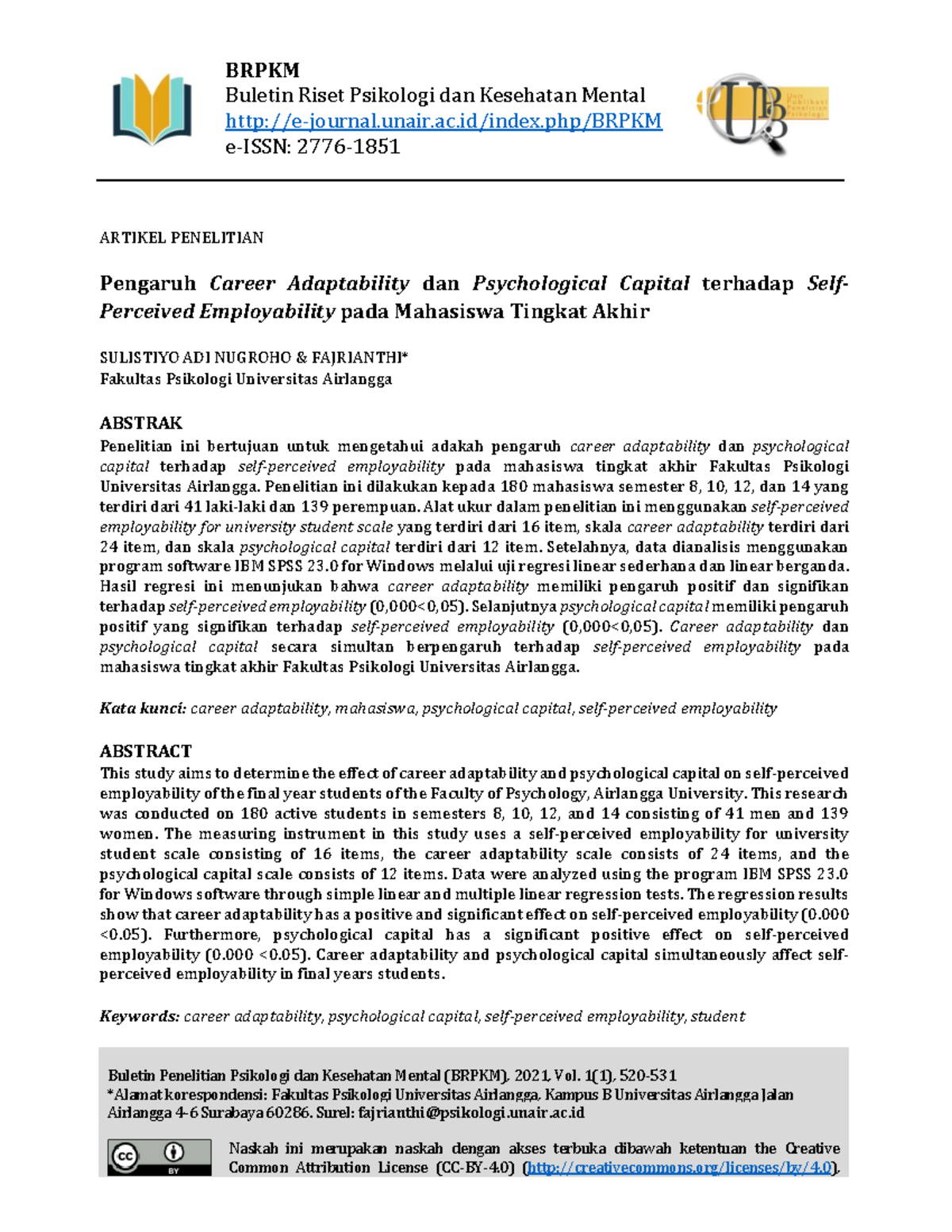Pengaruh Career Adaptability dan Psychological Capital terhadap Self-Perceived Employability ...