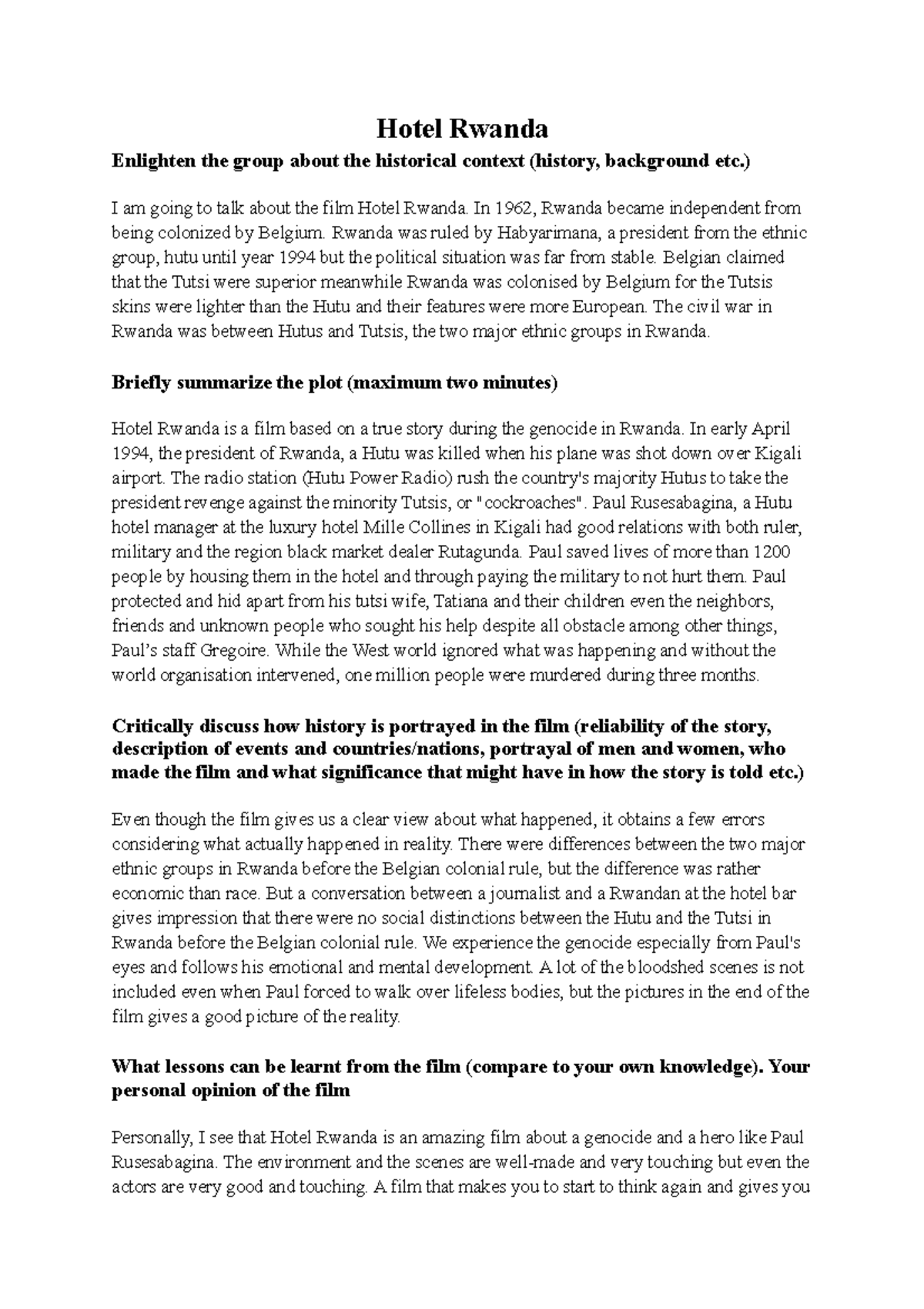 Hotel Rwanda - Hotel Rwanda Enlighten the group about the historical ...