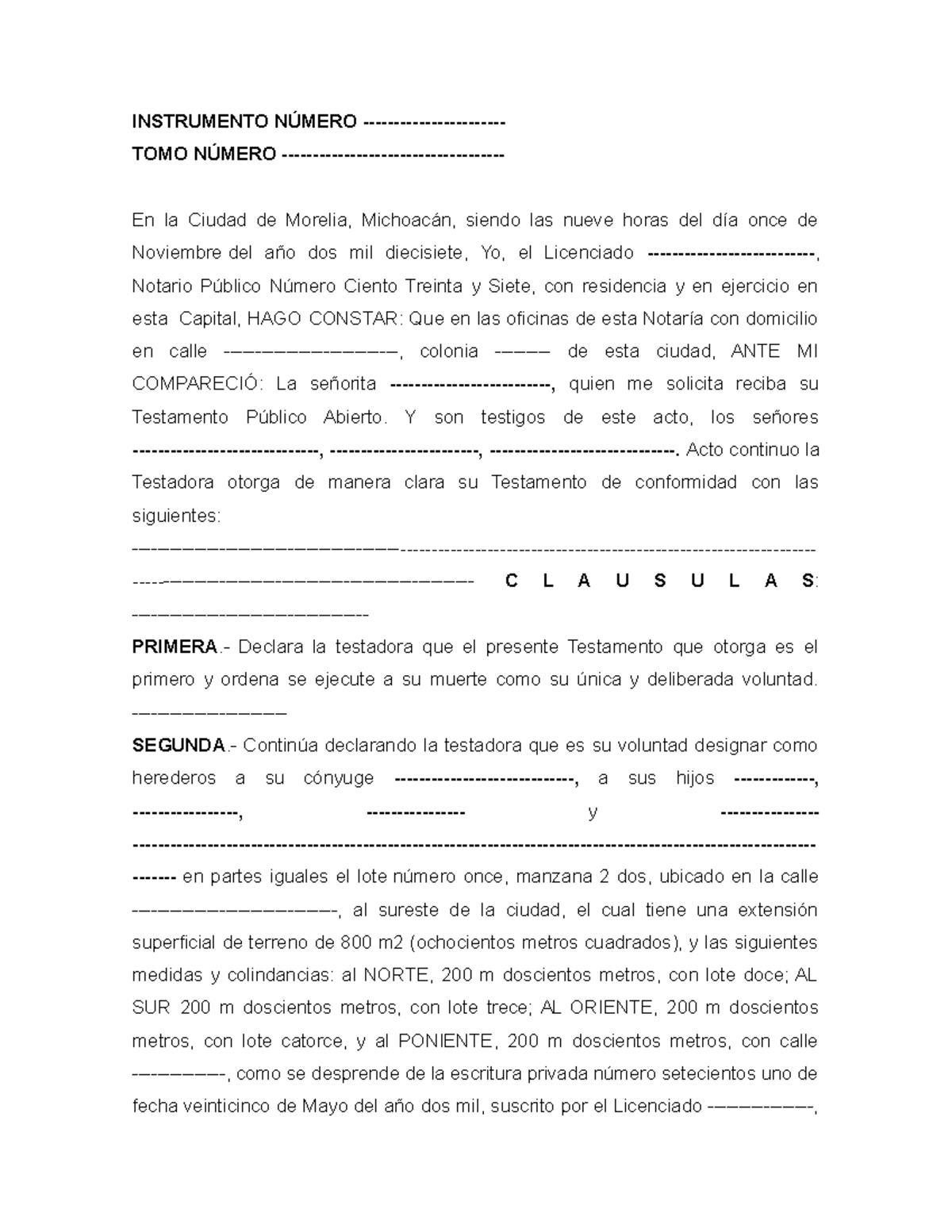 Testamento público abierto - formato - INSTRUMENTO NÚMERO - TOMO NÚMERO ...
