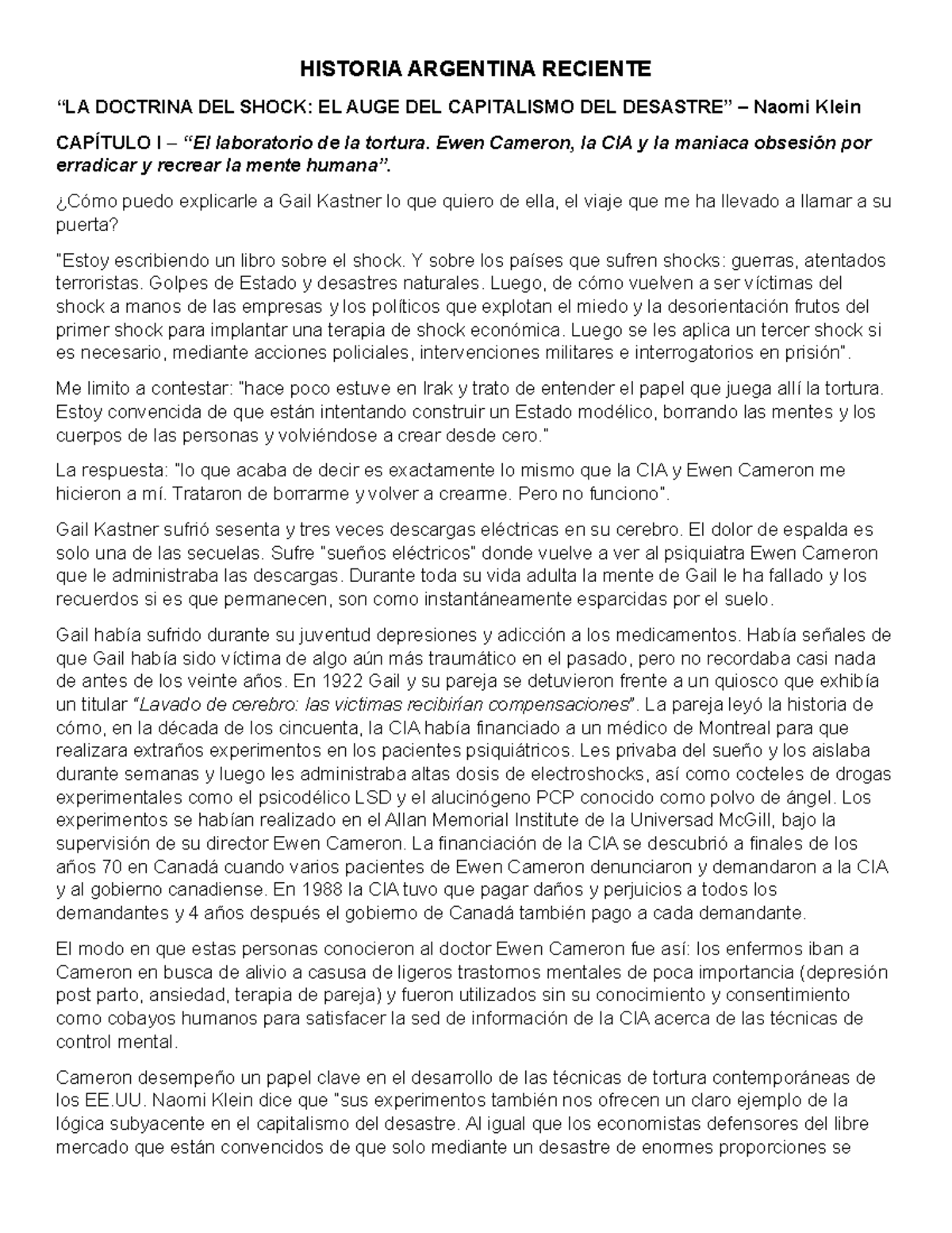 Resumen LA Doctrina DEL Shock - Naomi Klein - HISTORIA ARGENTINA ...