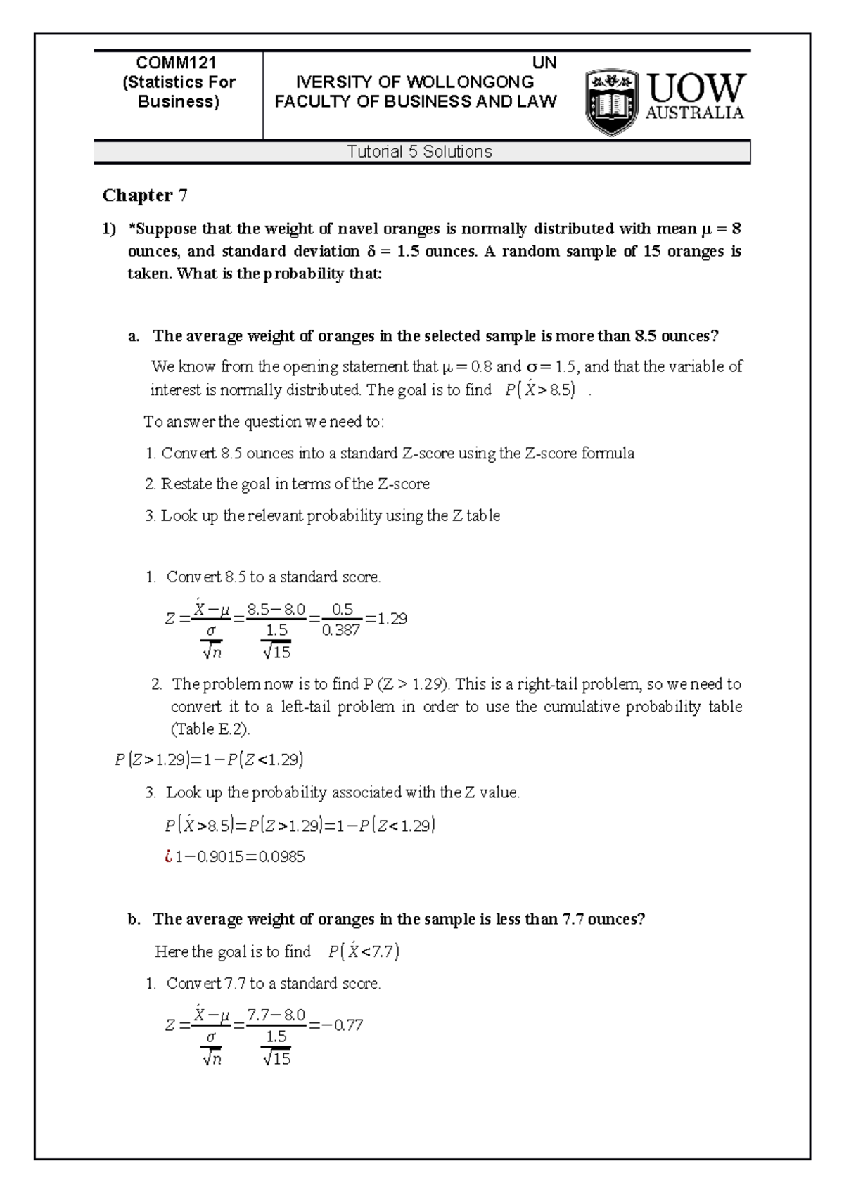COMM121 T05 Solutions ch 7 and 8 - COMM (Statistics For Business) UN ...