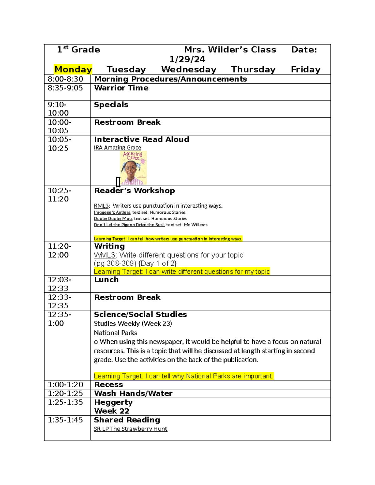 29-2 - LEsson Plan - 1 st Grade Mrs. Wilder’s Class Date: 1/29/ Monday ...