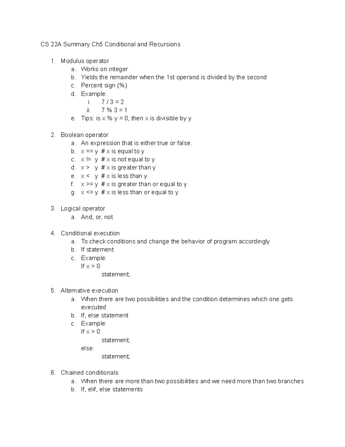 CS 22A Summary Ch5 - Works on integer b. Yields the remainder when the 1st operand is divided by ...