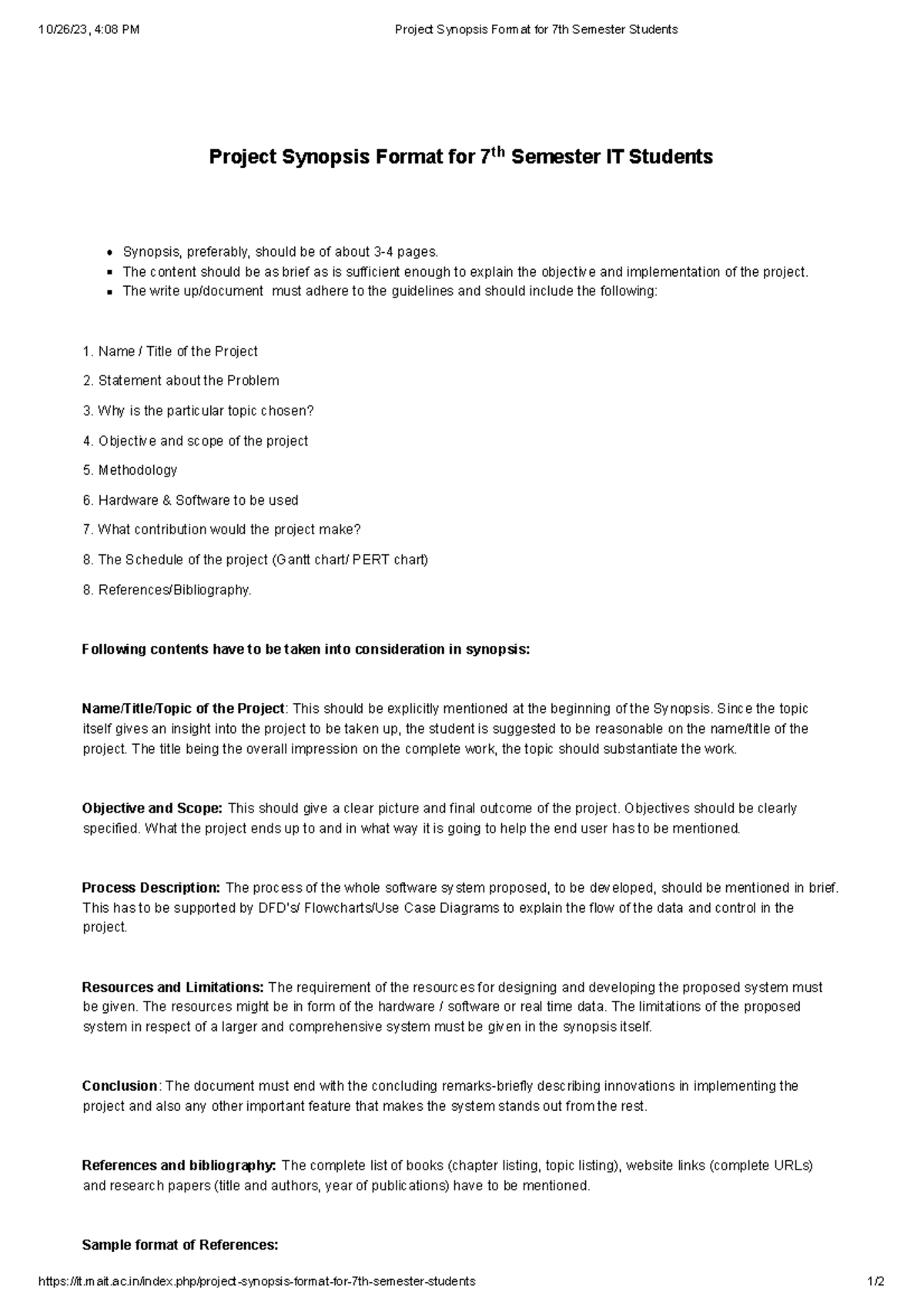 Project Synopsis Format for 7th Semester Students - - Studocu