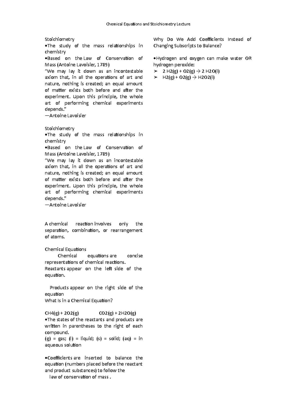 Chemical Equations and Stoichiometry Lecture Notes - Chemical Equations ...