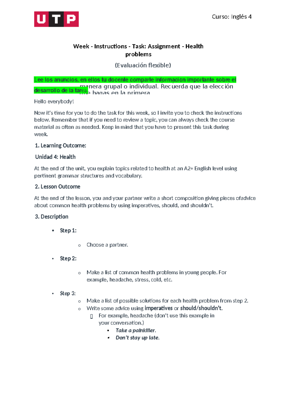 GRAMATICA CASTELLANA AVANZADA TA1 - Curso: Inglés 4 Esta evaluación es ...