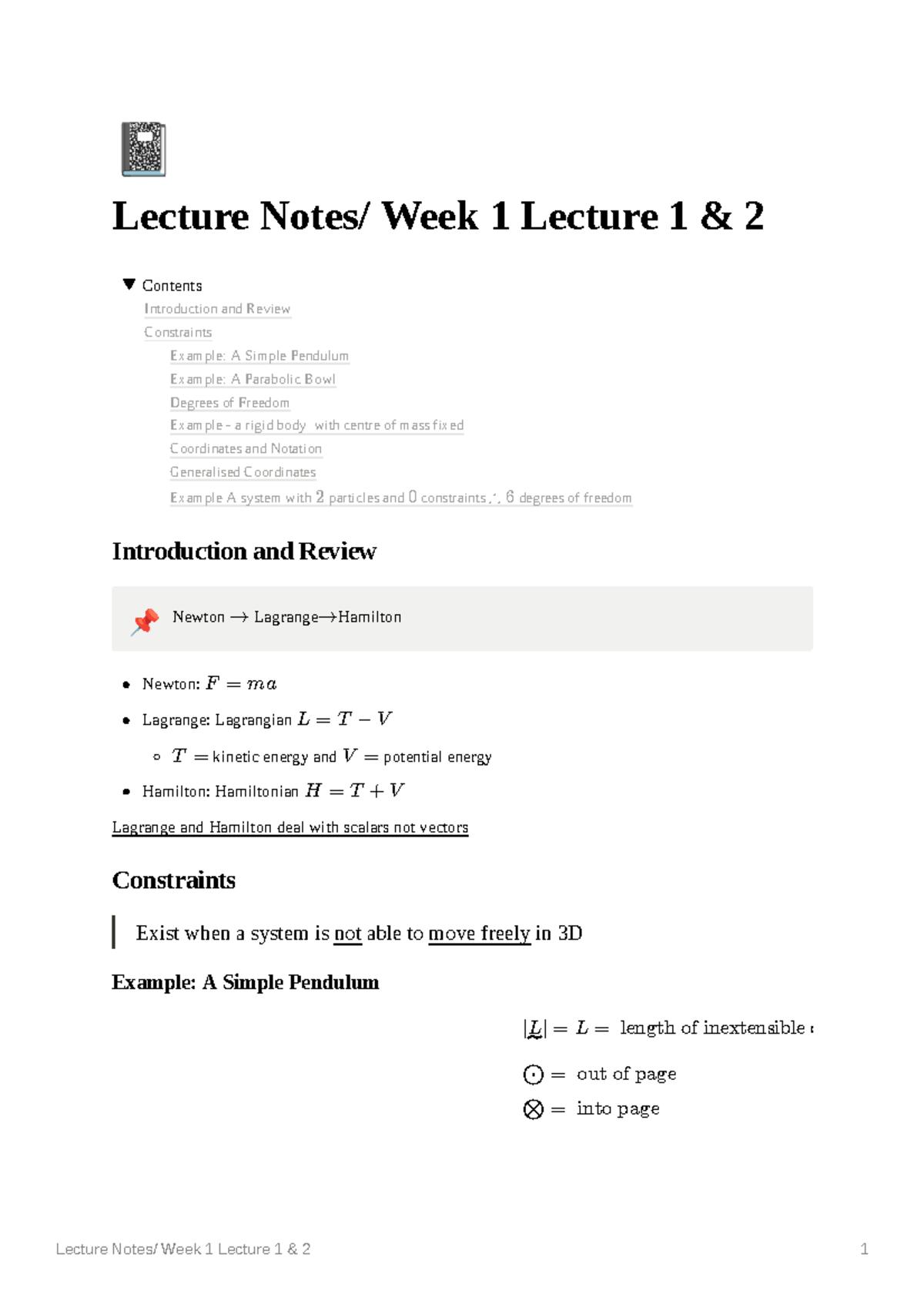 Analytical Mechanics and Modelling Lecture Notes - Lecture Notes/ Week ...