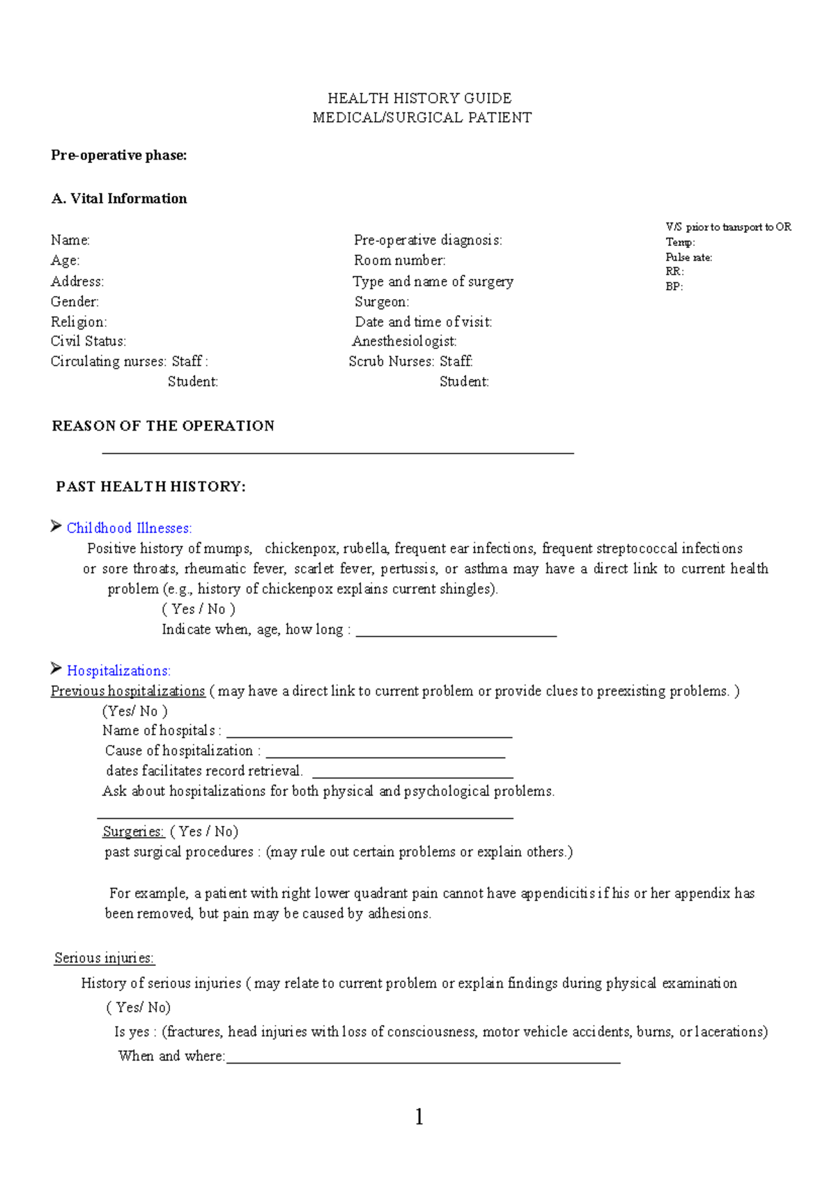 Health- History- Guide - 1 HEALTH HISTORY GUIDE MEDICAL/SURGICAL ...