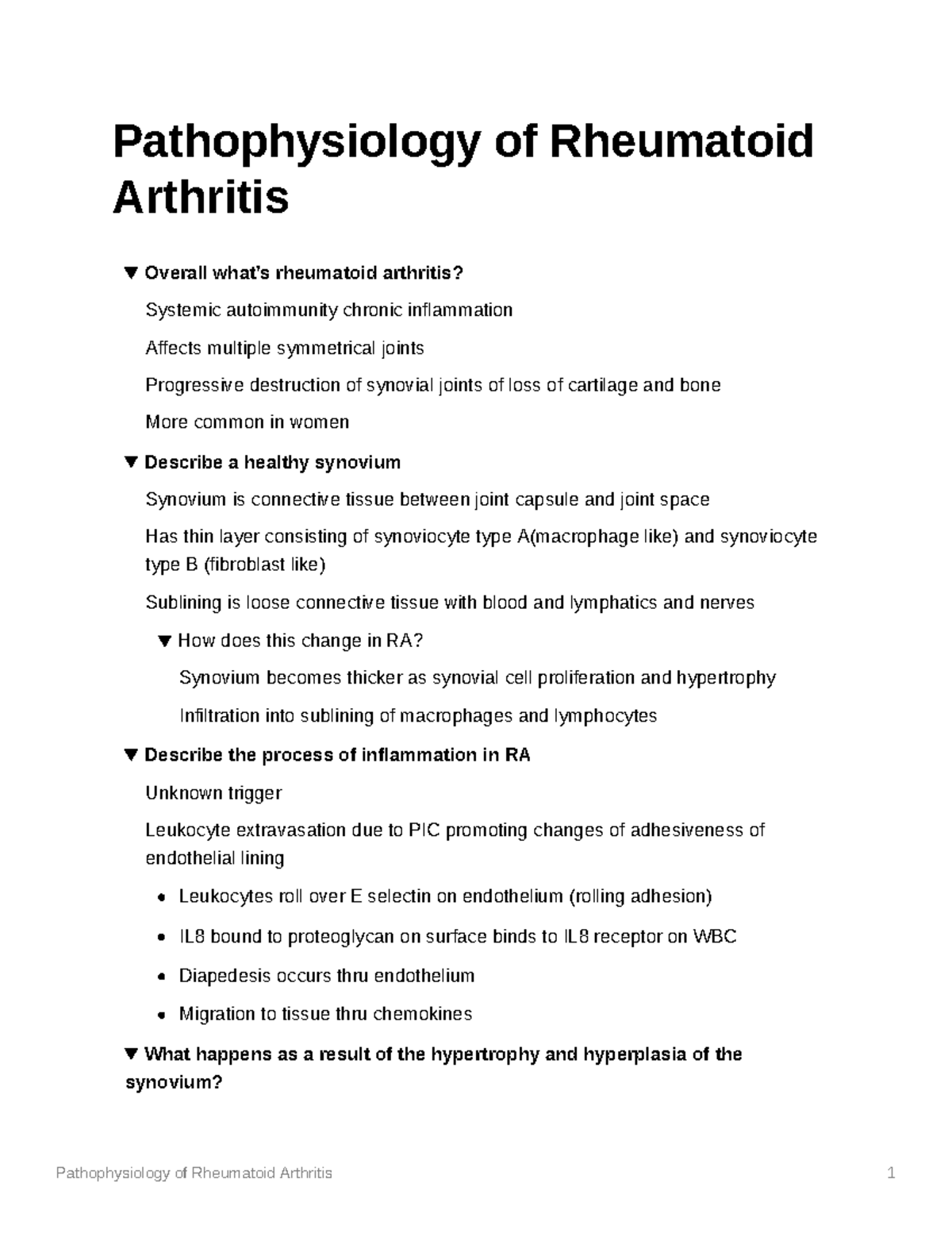 Pathophysiology of Rheumatoid Arthritis - Studocu