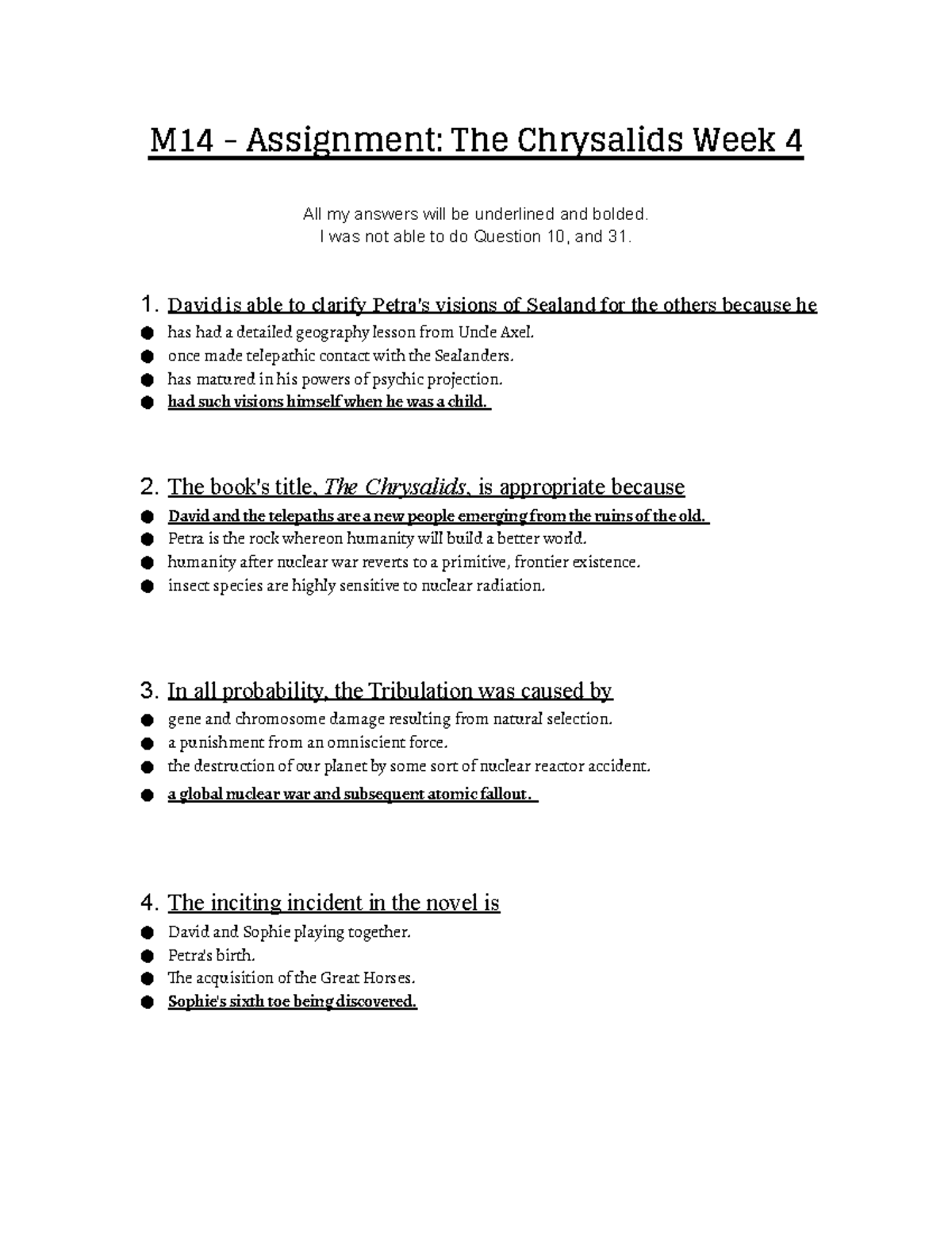 ENG1D: English Module 14 Assignment - M14 - Assignment: The Chrysalids ...