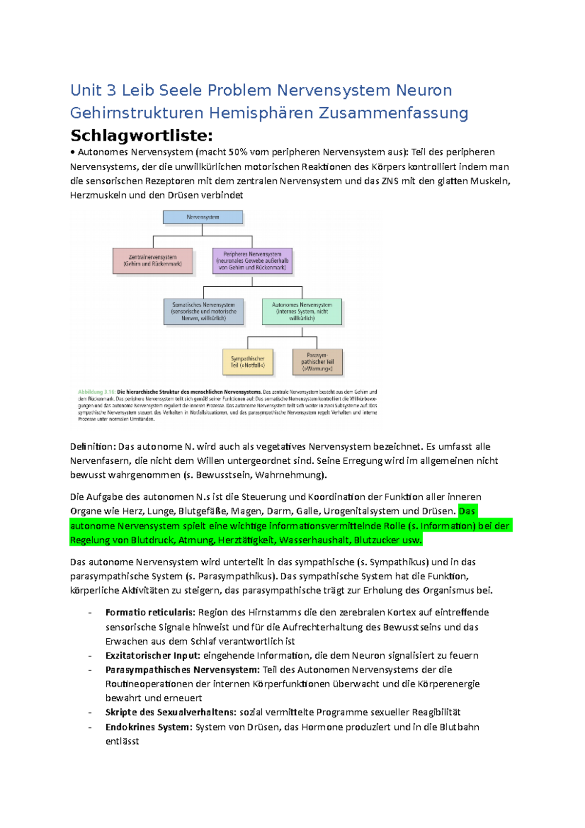 Unit 3 Leib Seele Problem Nervensystem Neuron Gehirnstrukturen Hemisphären Zusammenfassung - Studocu