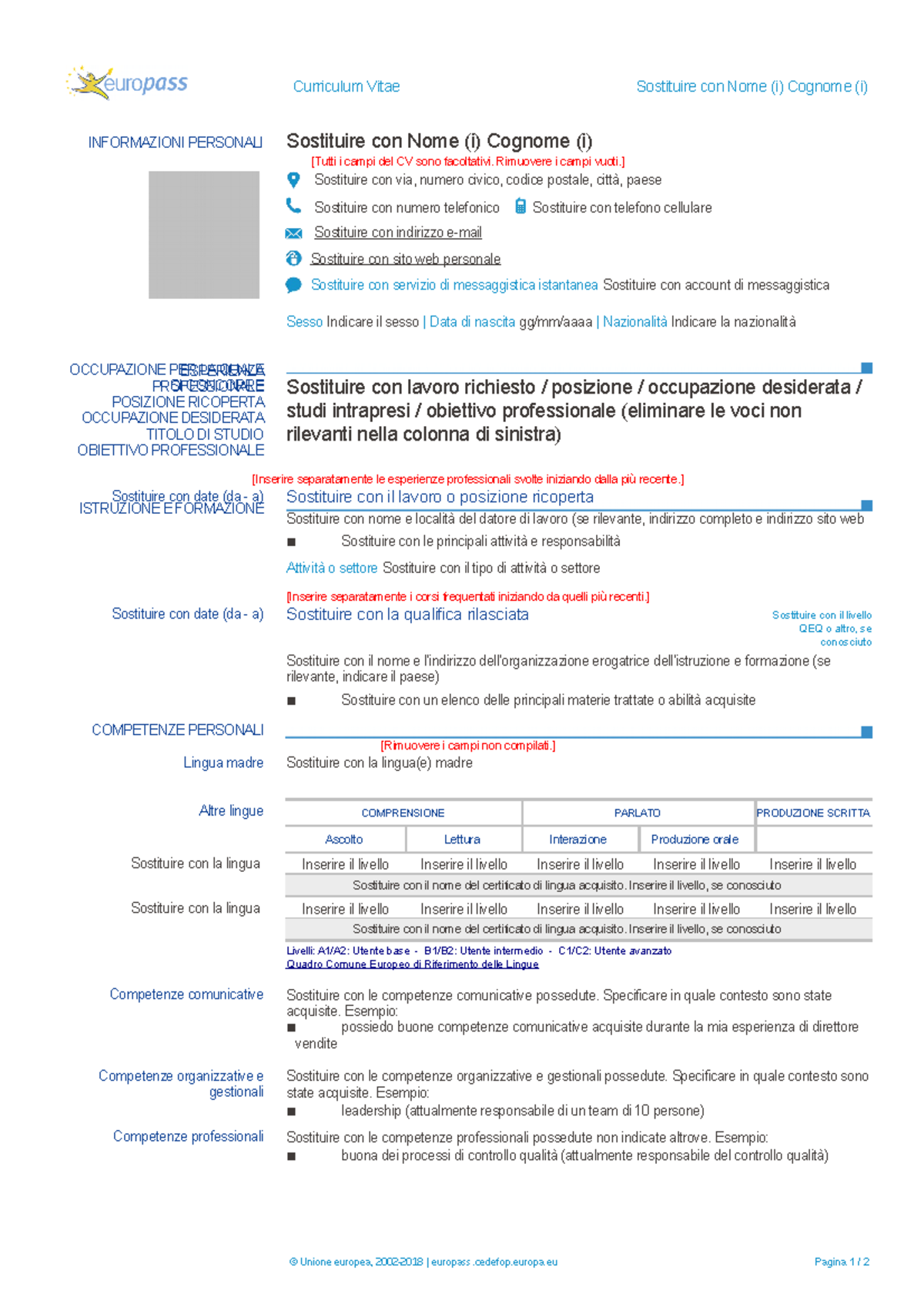 Esempio curriculum europeo in italiano - Curriculum Vitae Sostituire ...