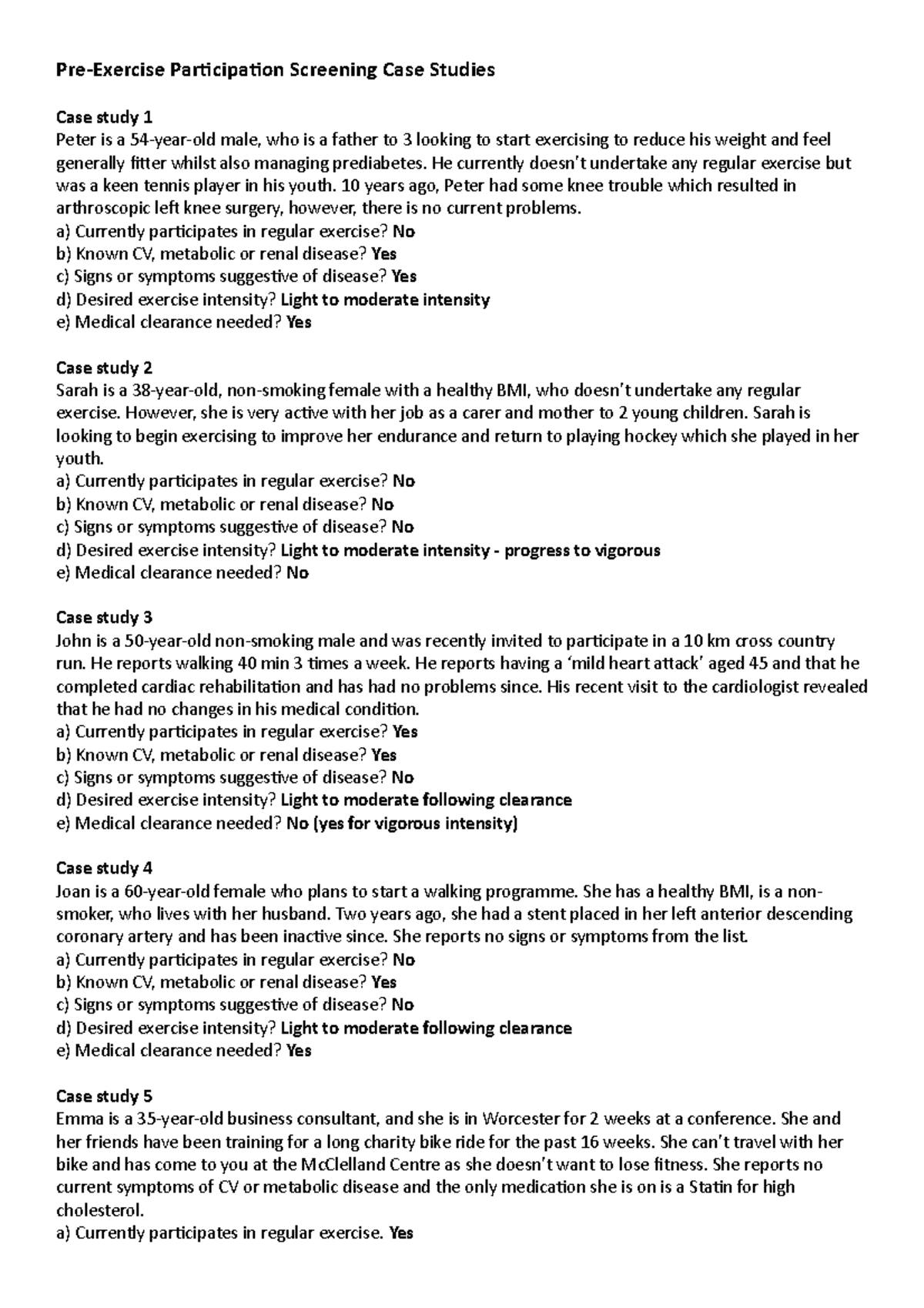 04.10 Pre-Exercise Participation Screening Case Studies - Pre-Exercise ...