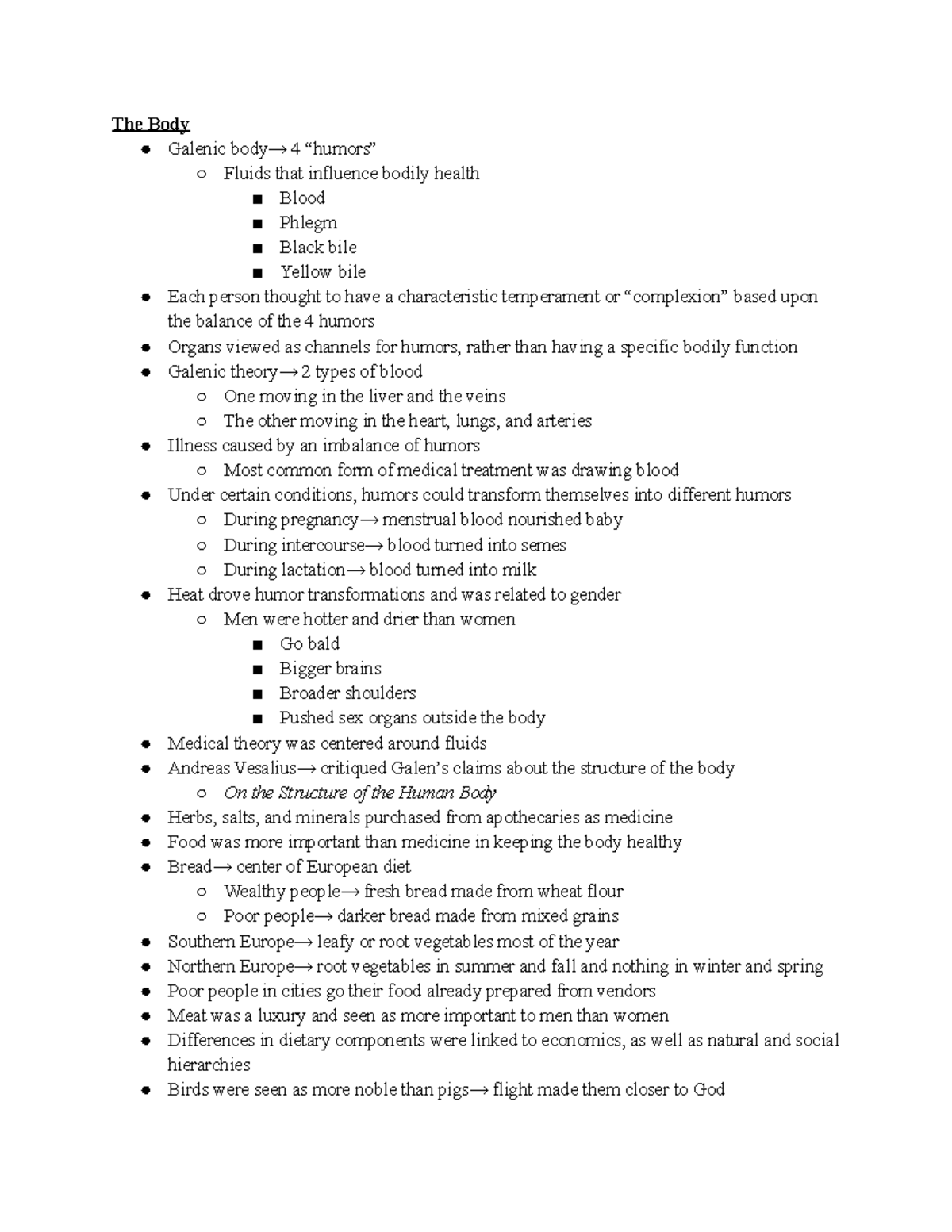 Wiesner-Hanks Chapter 2 Notes - The Body Galenic body→ 4 “humors ...