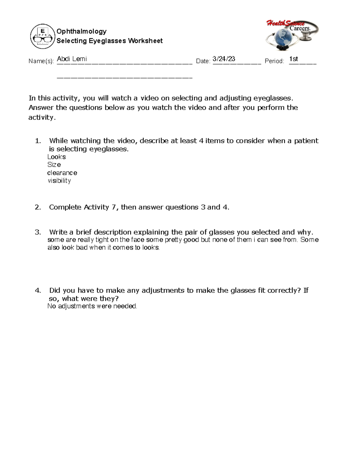 Selecting Eyeglasses Worksheet - Name(s ...