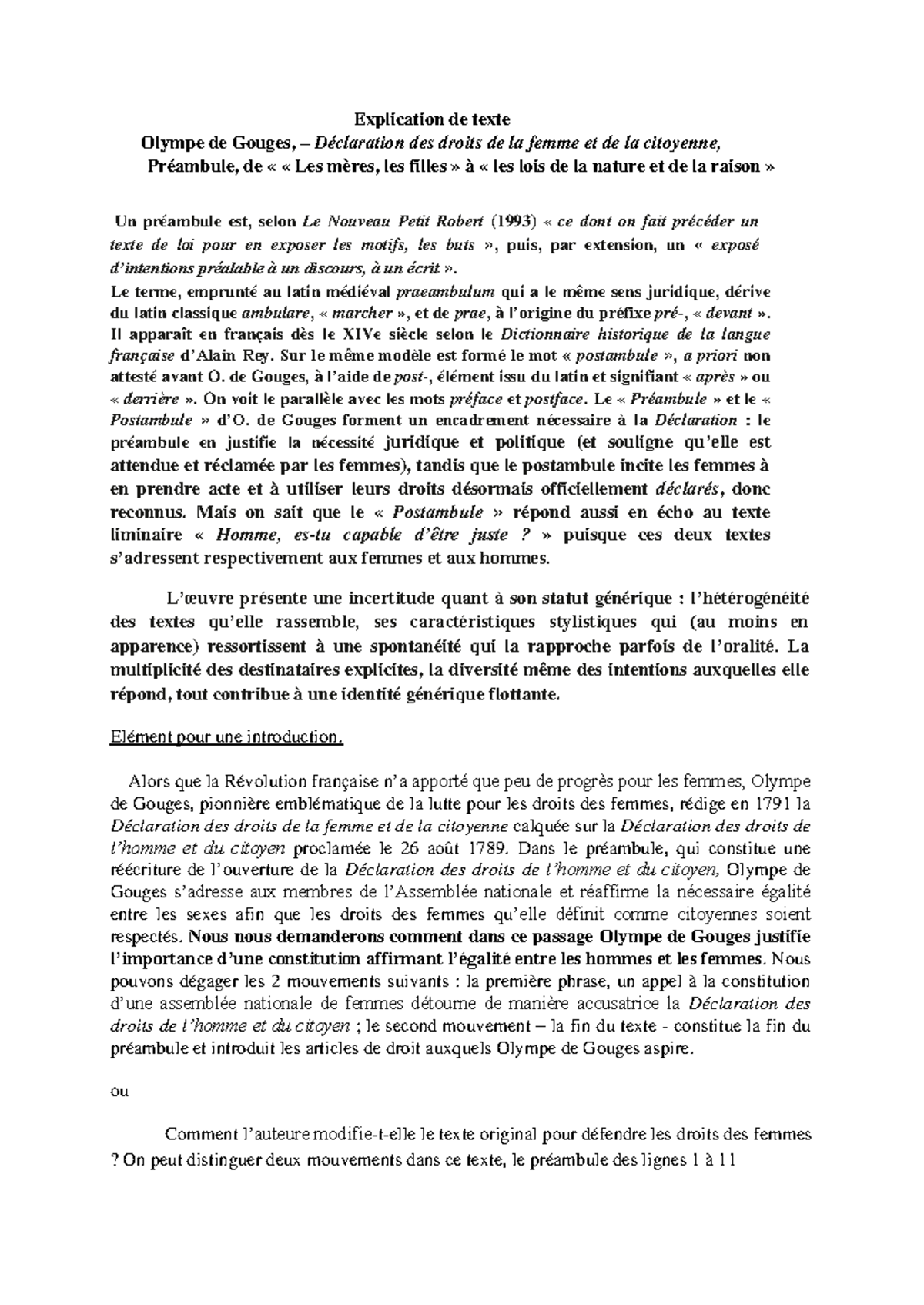 Explication de texte Olympe de Gouges Preambule - Explication de texte Olympe de Gouges, – - Studocu