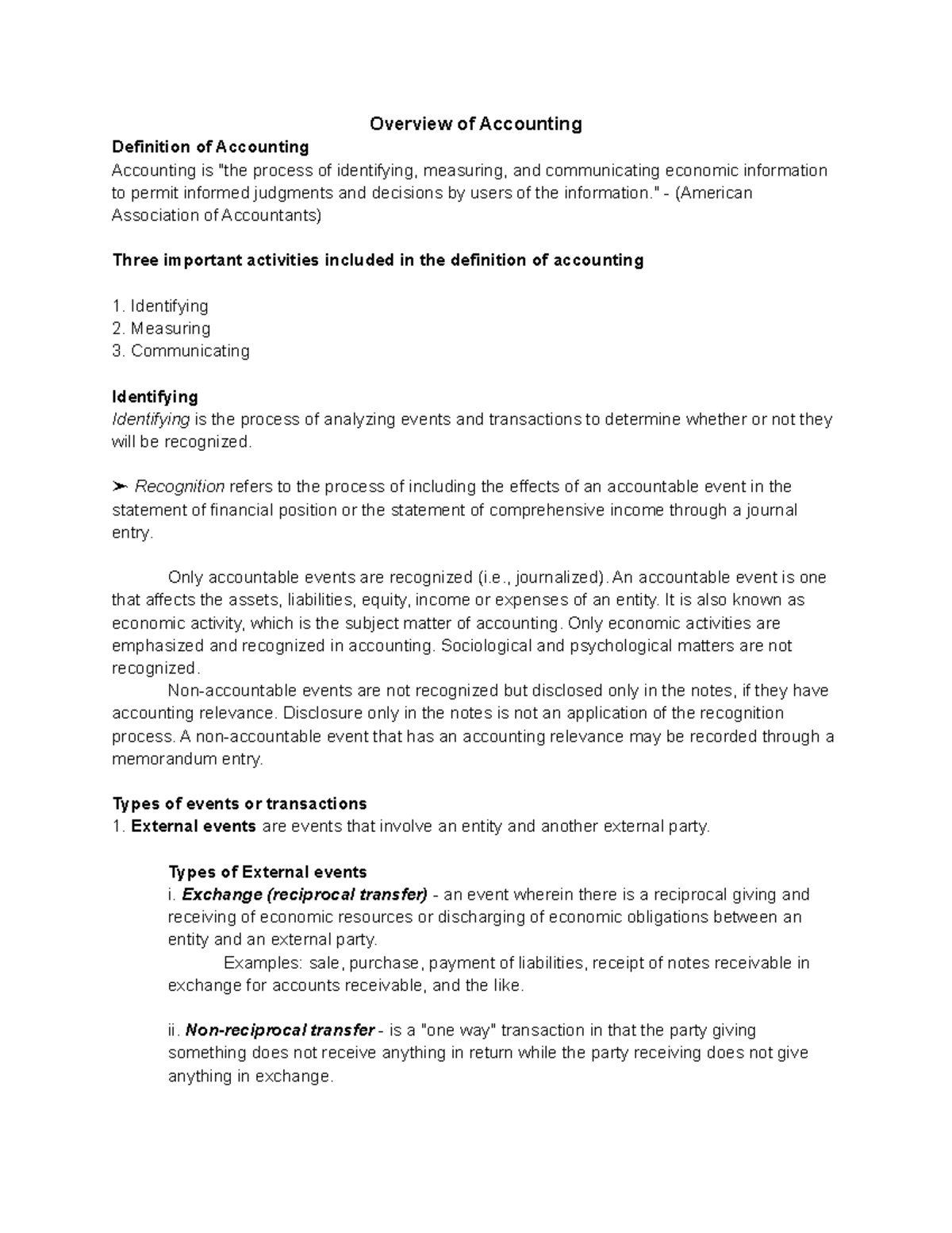 Overview of Accounting - Overview of Accounting Definition of ...