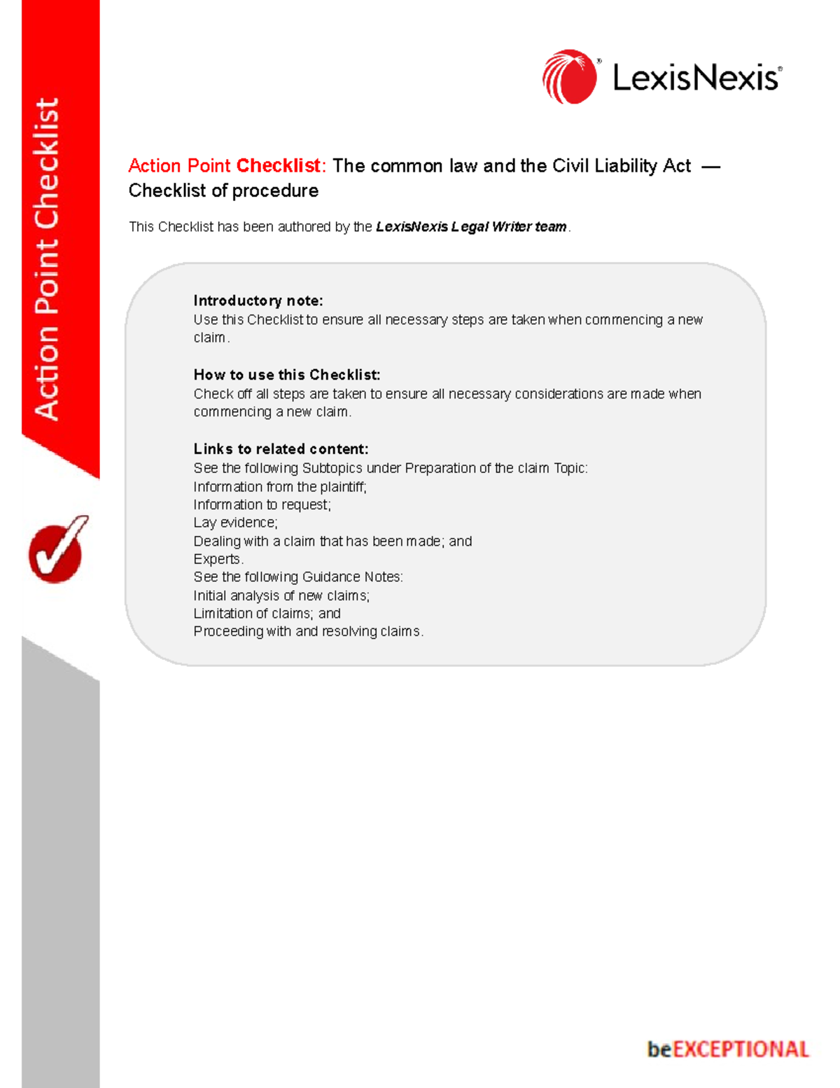 The common law and the Civil Liability Act — Checklist of procedure ...