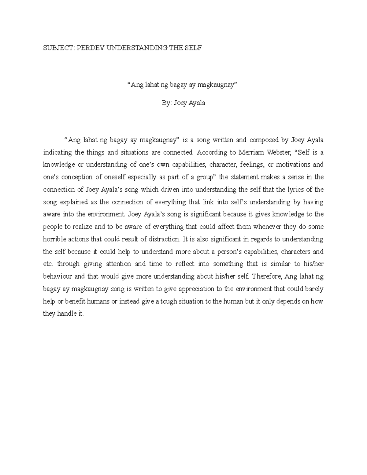 Understanding the Self - SUBJECT: PERDEV UNDERSTANDING THE SELF “Ang ...