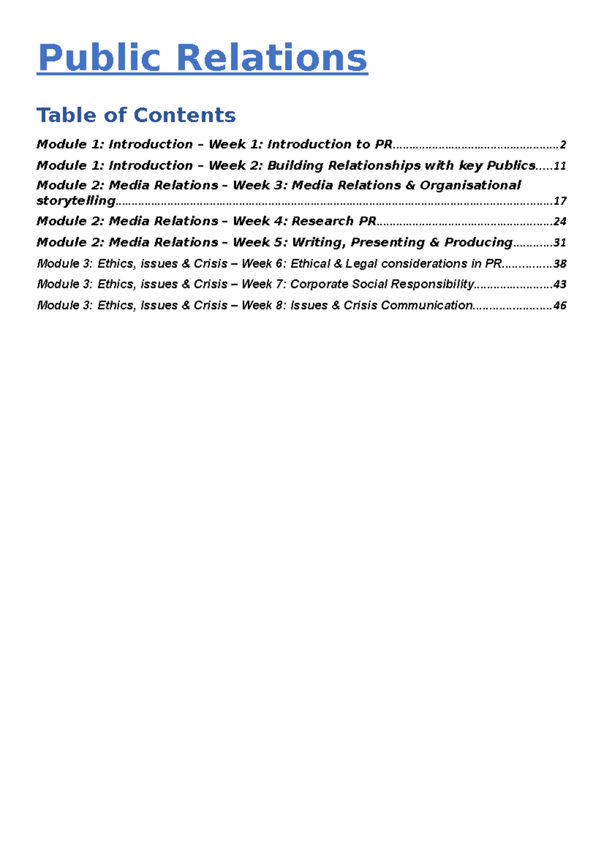 Public Relations lecture notes 2021 - Public Relations Table of ...