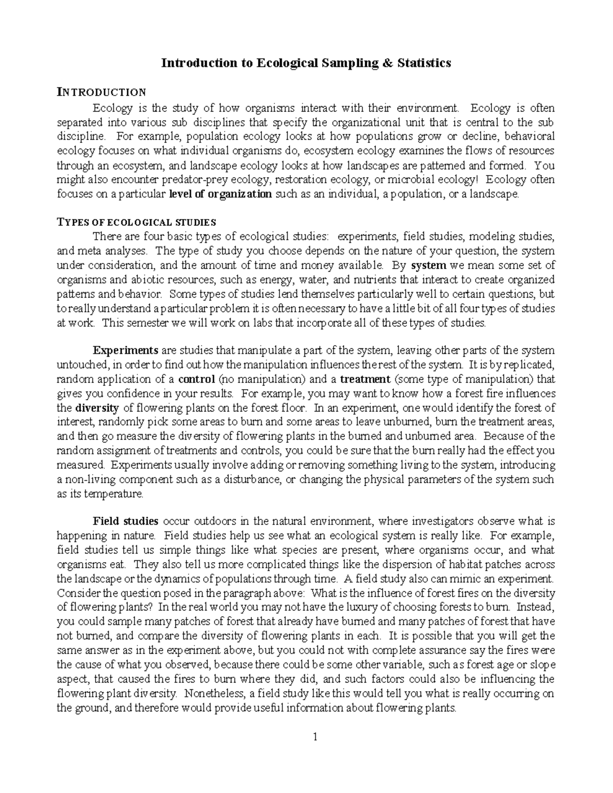Ecological Sampling & Statistics Handout - Introduction to Ecological ...