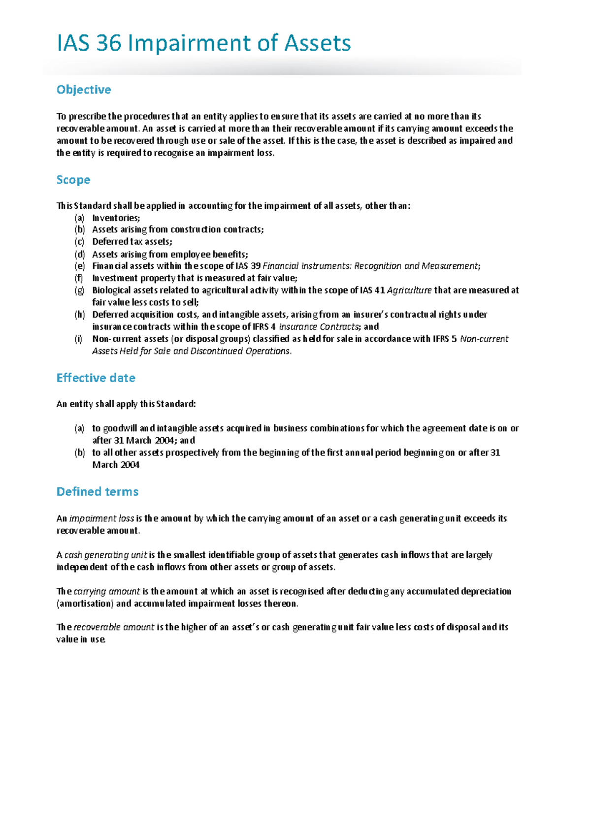 Week 5 - ias-36-impairment-of-assets notes - IAS 36 Impairment of ...