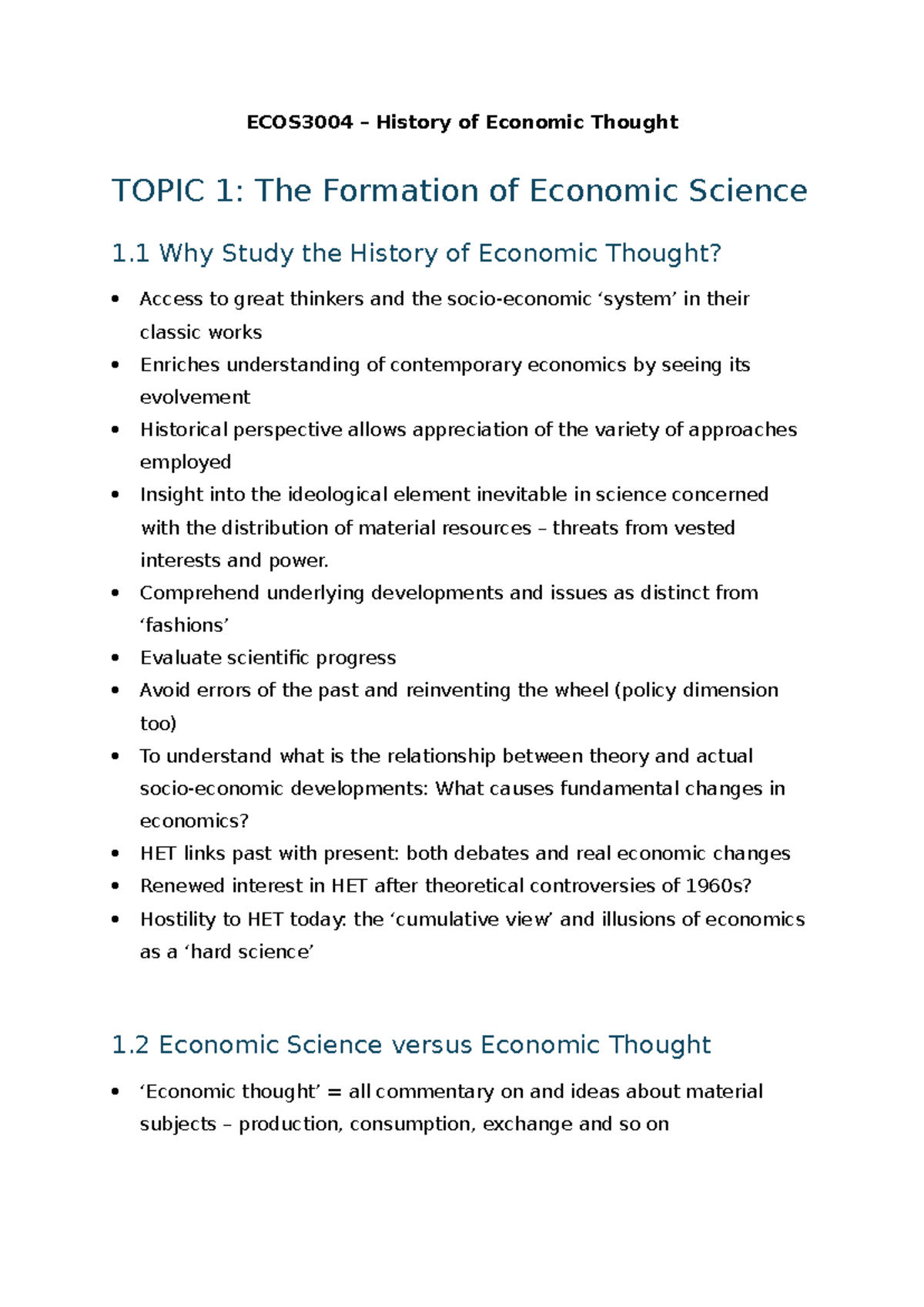 ECOS3004 Topic 1 summary - ECOS3004 – History of Economic Thought TOPIC ...