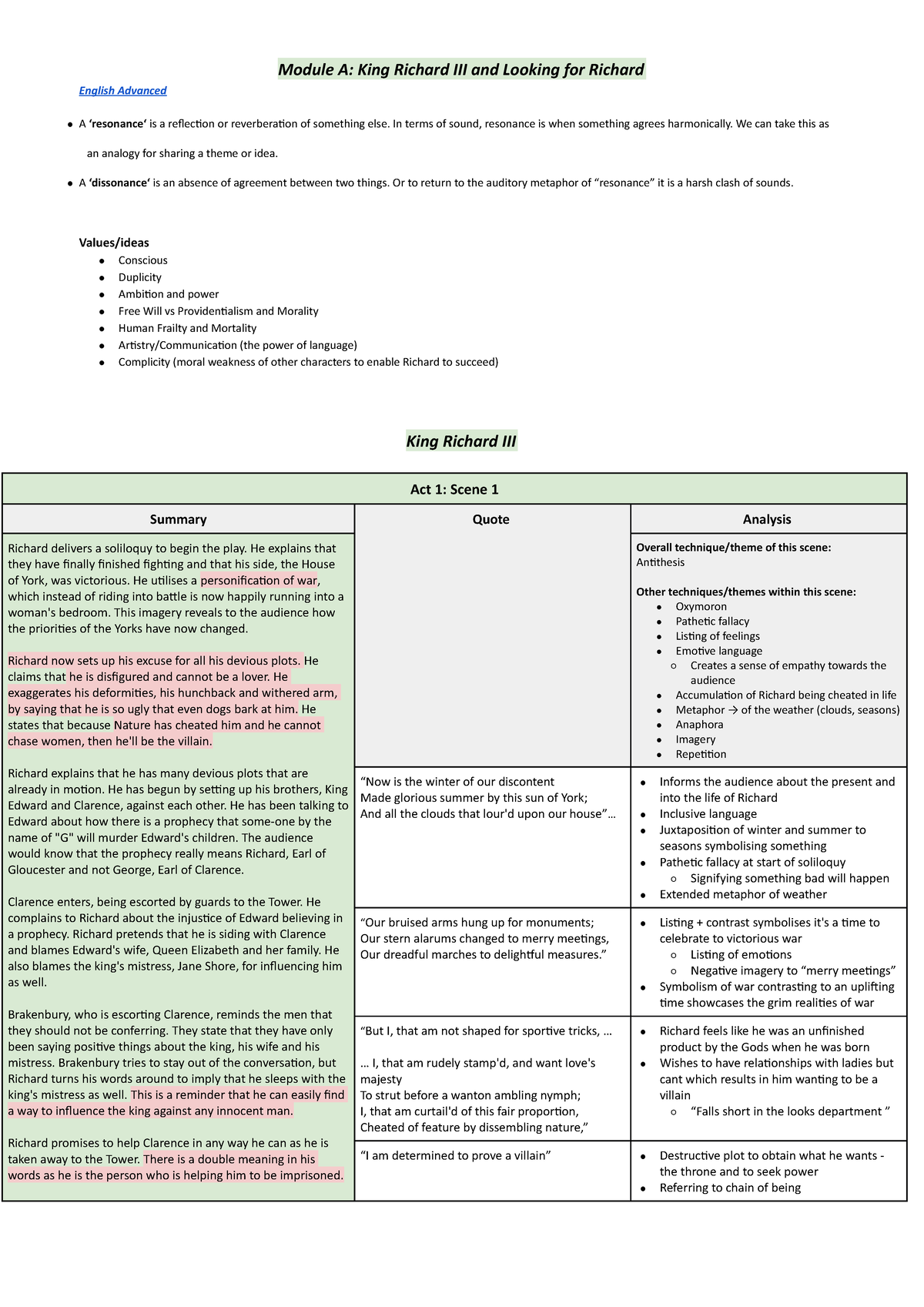 King Richard III and Looking for Richard Analysis Table - English ...