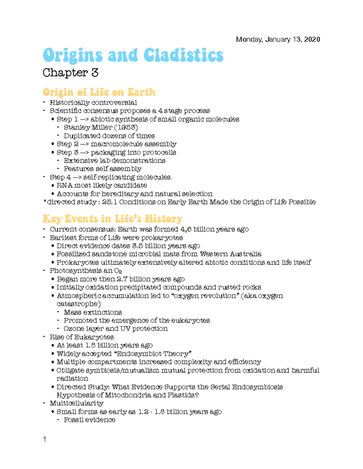 Biology 211 Notes - Monday, January 13, 2020 Origins and Cladistics ...
