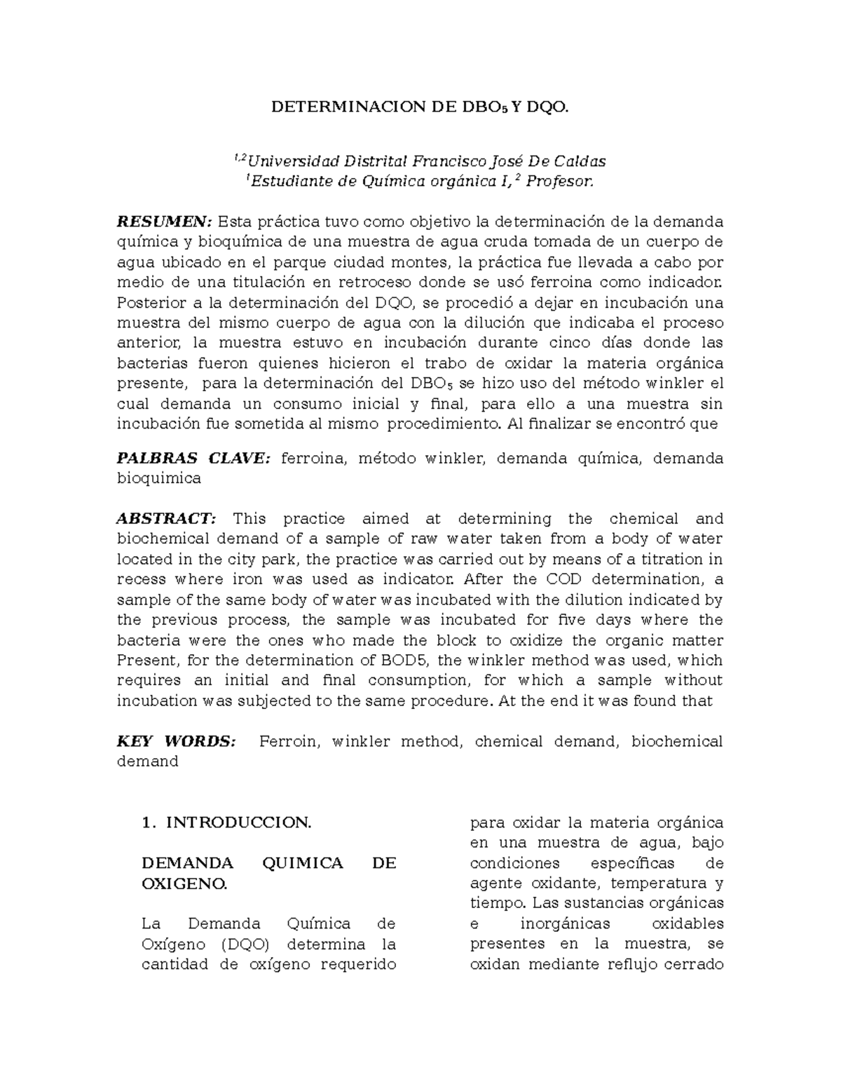 Informe DBO Y DQO 0 DETERMINACION DE DBO5 Y DQO 1 2 Universidad