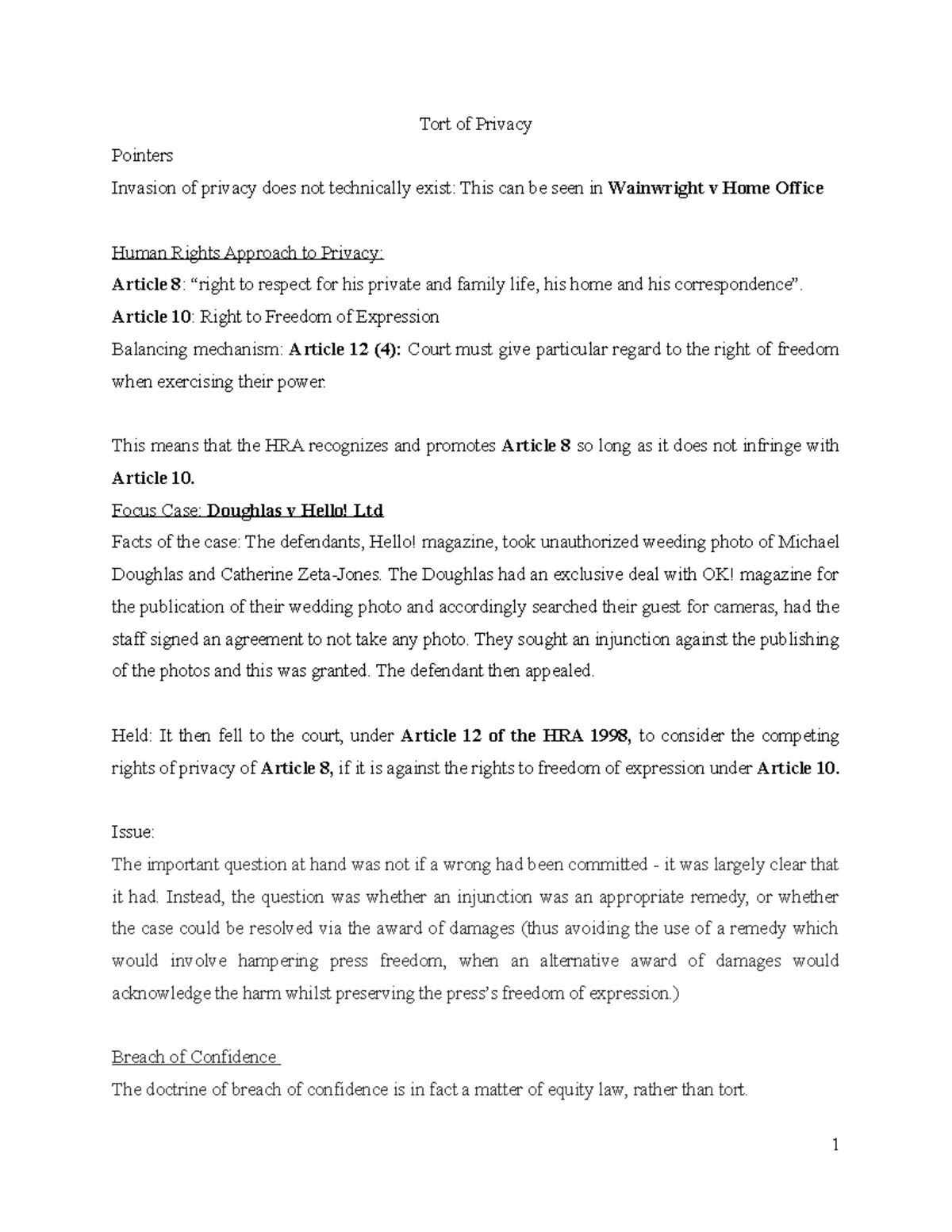 Tort law - Tort of Privacy - Tort of Privacy Pointers Invasion of ...