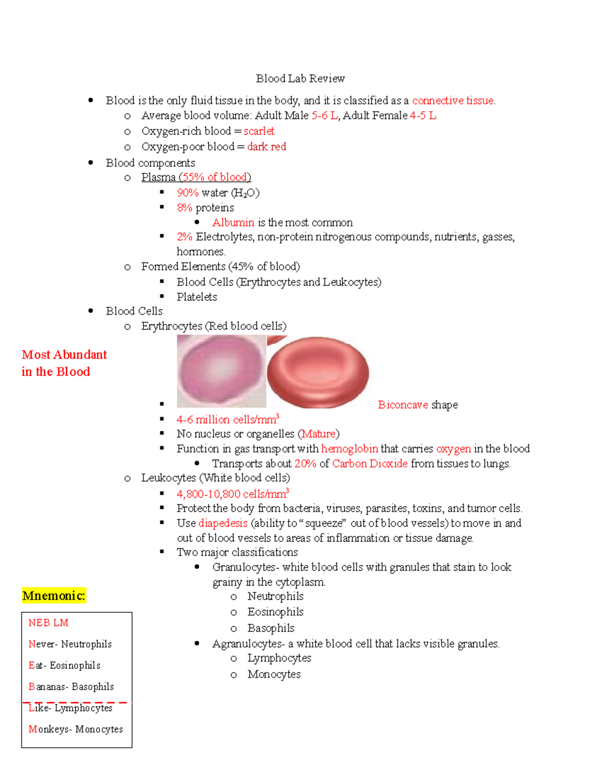 Blood Lab Review - Blood Lab Review Blood is the only fluid tissue in ...