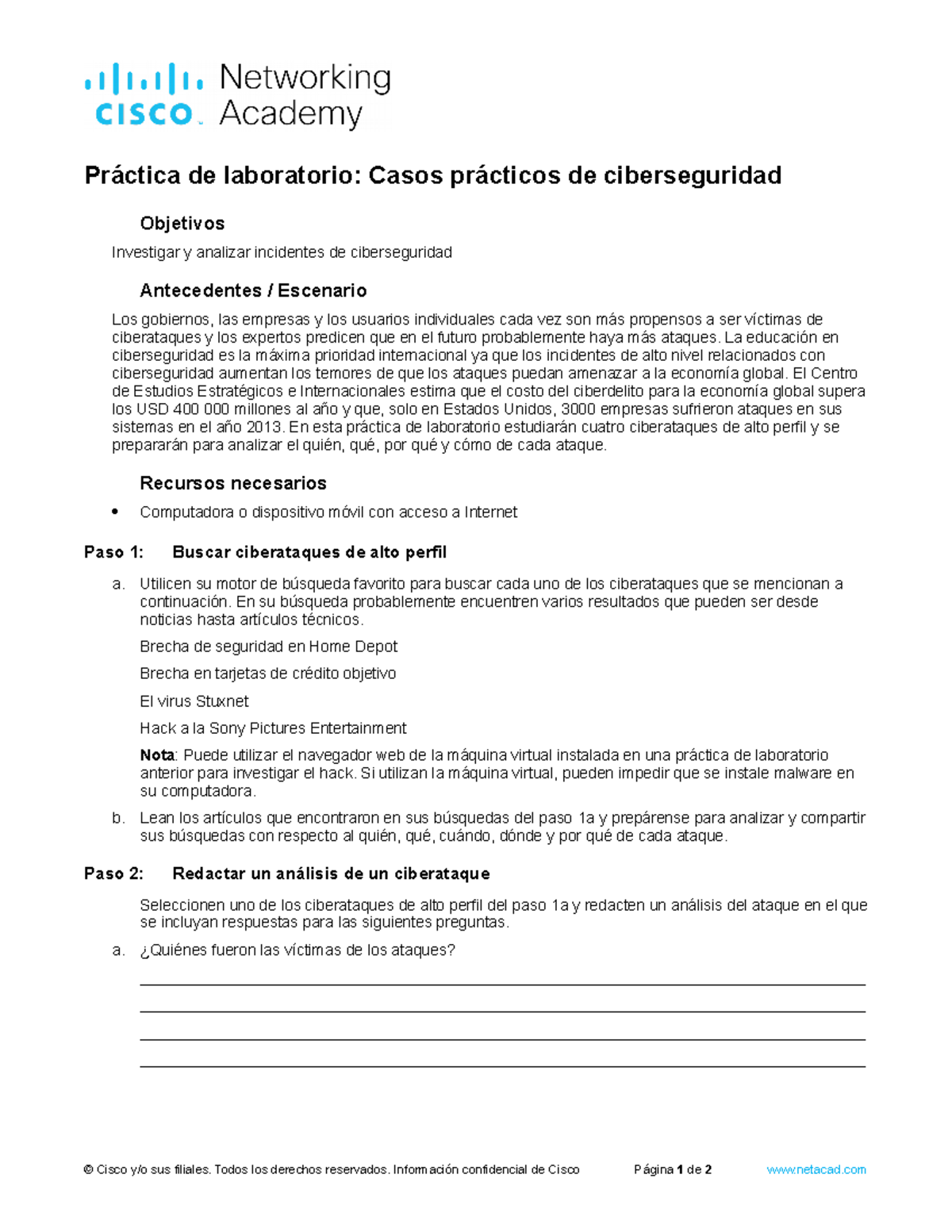 1.1.1.5 Lab - Cybersecurity Case Studies - Práctica de laboratorio ...