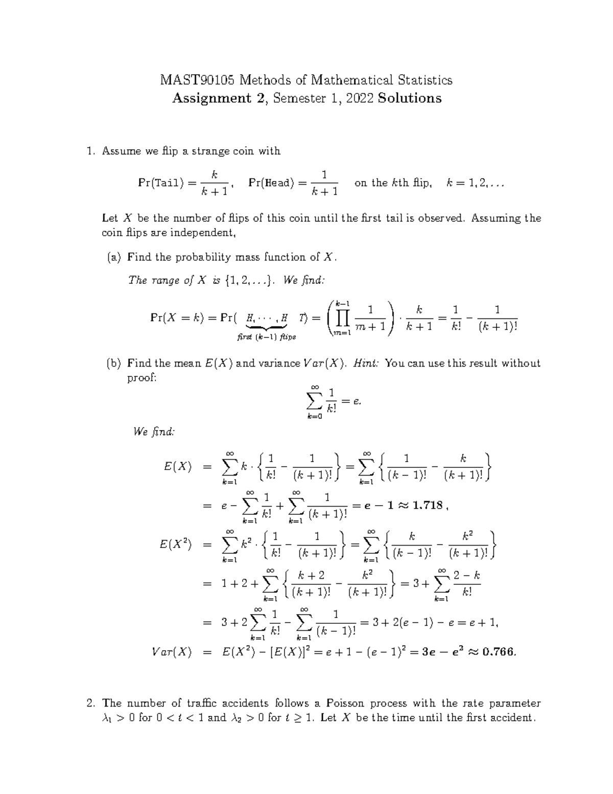MAST90105 Methods of Mathematical Statistics Assignment 2 solutions - MAST90105 Methods of - Studocu