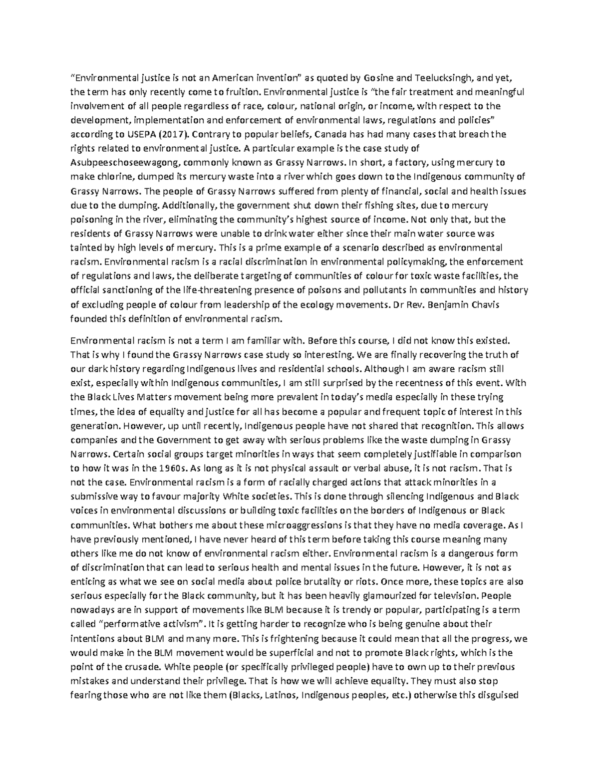 Environmental Justice Reflection Example 1 - “Environmental justice is ...
