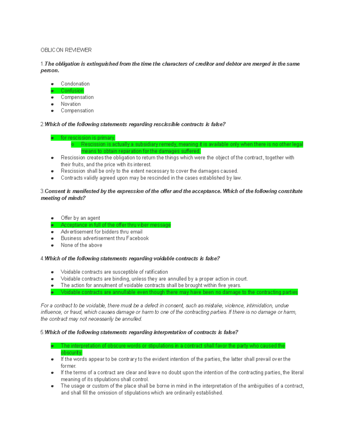 LAW ON OBLIGATIONS AND CONTRACTS Reviewer - OBLICON REVIEWER 1 ...