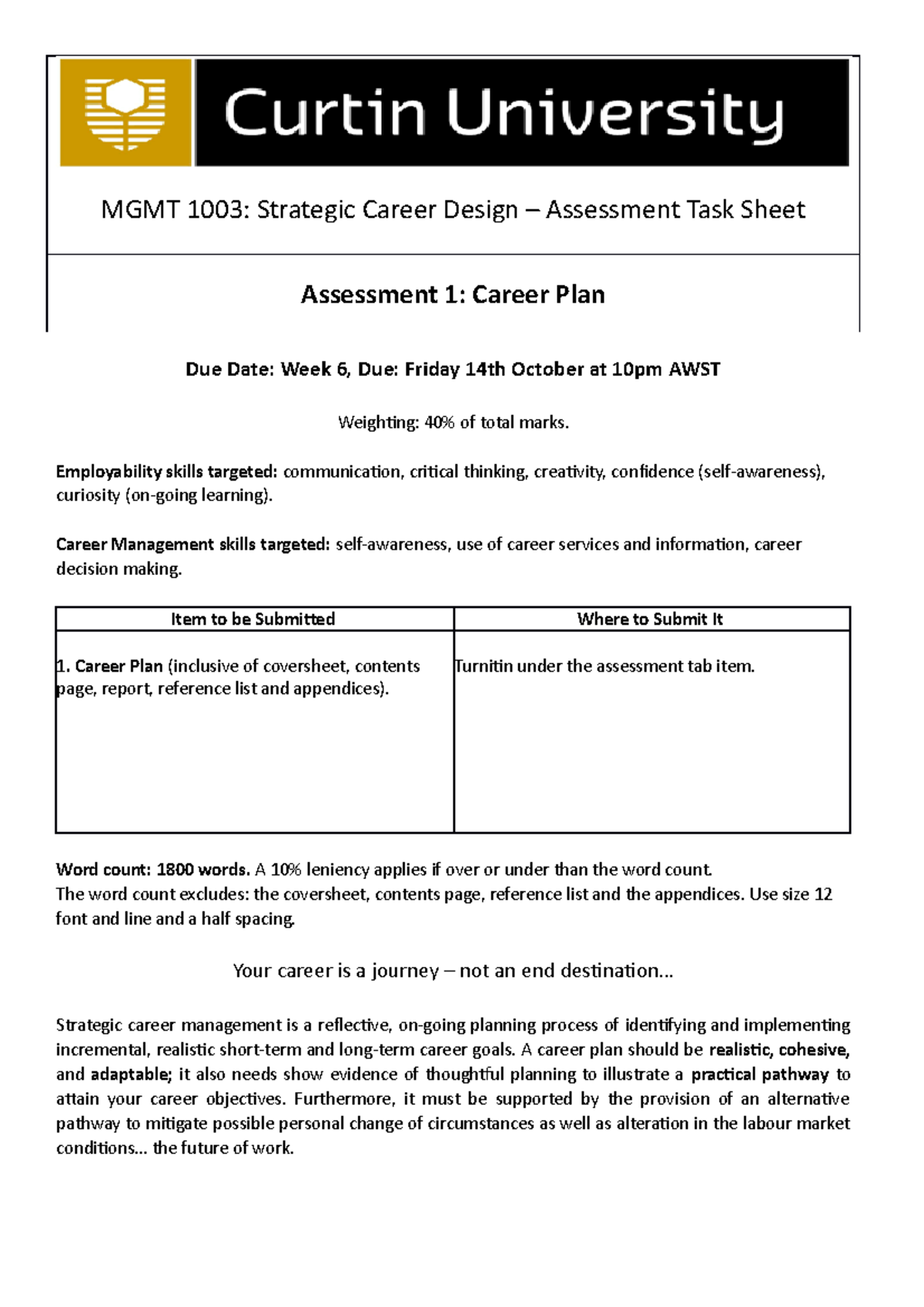 Career Plan Task Sheet - MGMT 1003: Strategic Career Design ...