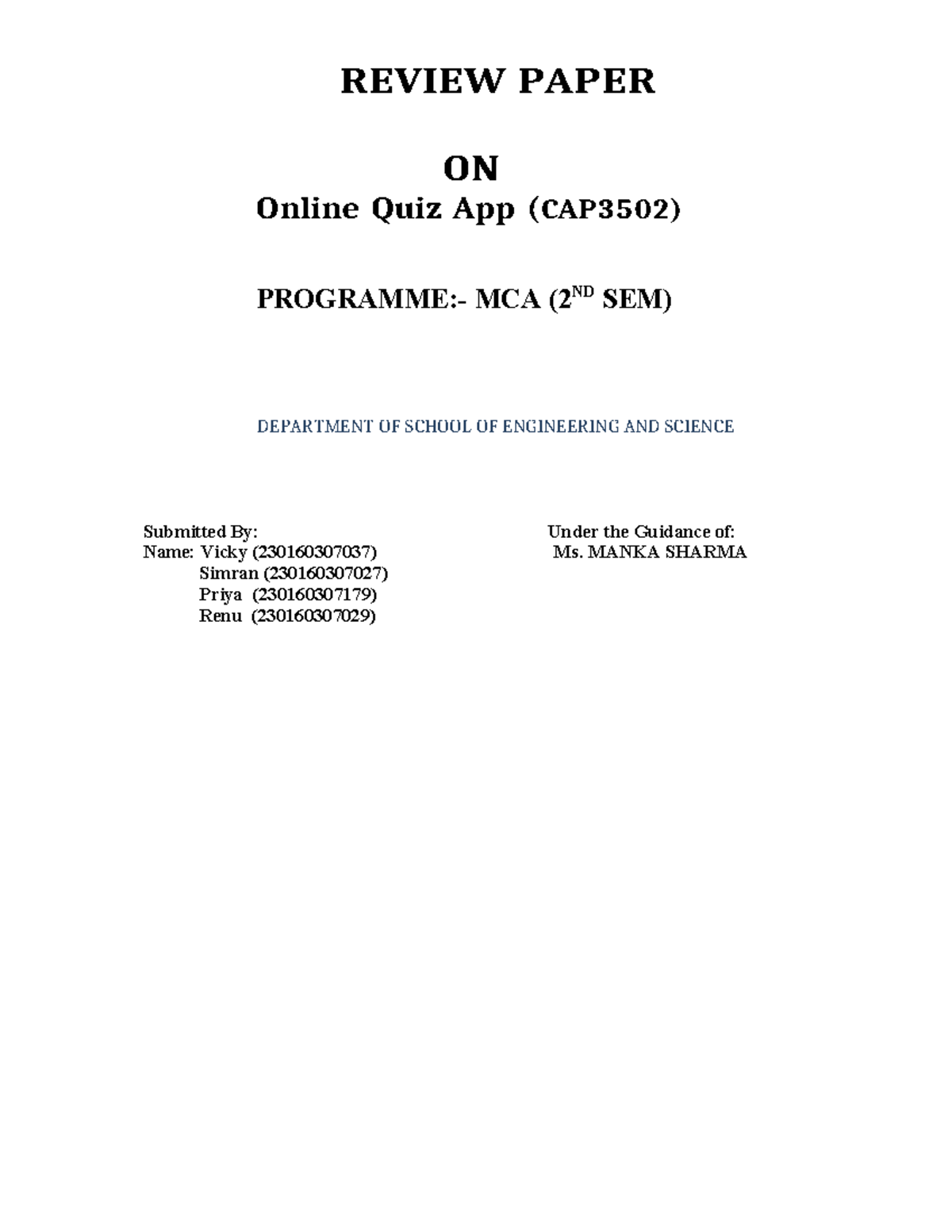 Review Paper - REVIEW PAPER ON Online Quiz App (CAP3502) PROGRAMME ...