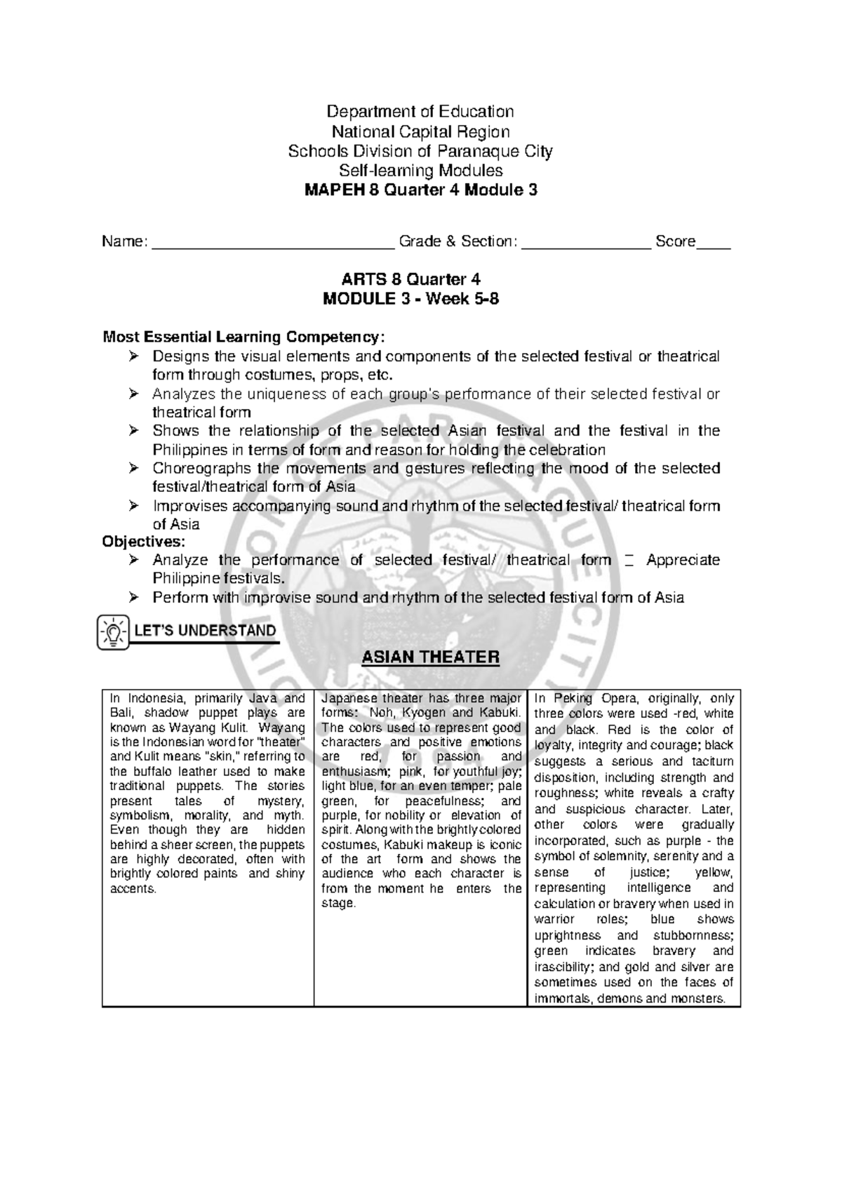 MAPEH 8 QTR4 MOD3-1 - Department of Education National Capital Region ...
