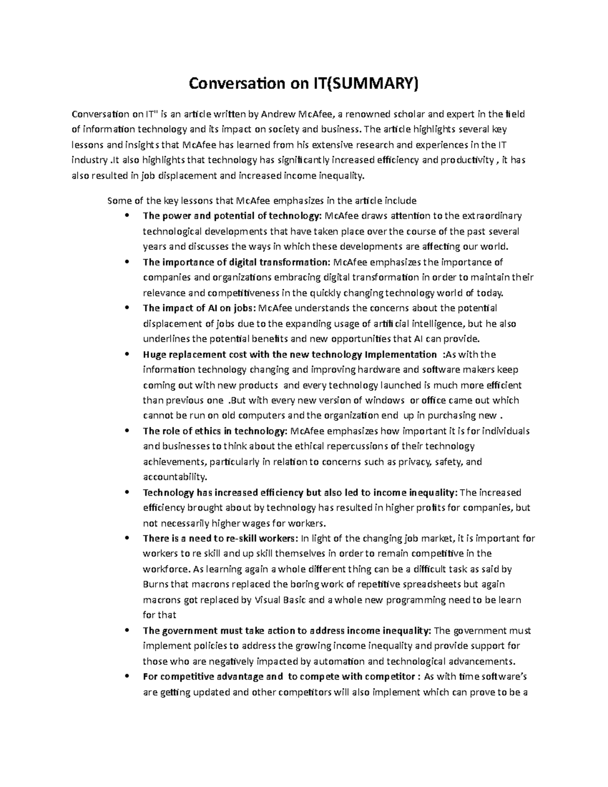 Rushita jain 2022MBA106 - Conversation on IT(SUMMARY) Conversation on ...