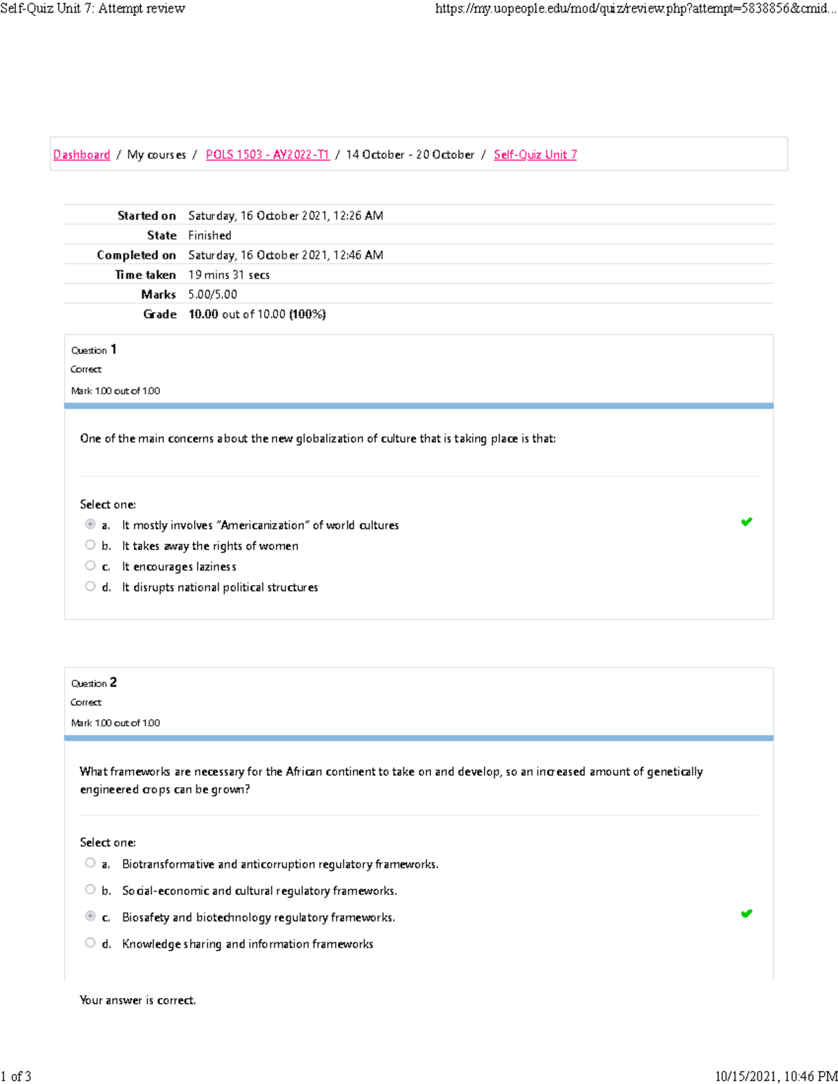 Quiz 7 - Self Quiz - Started on Saturday, 16 October 2021, 12:26 AM ...