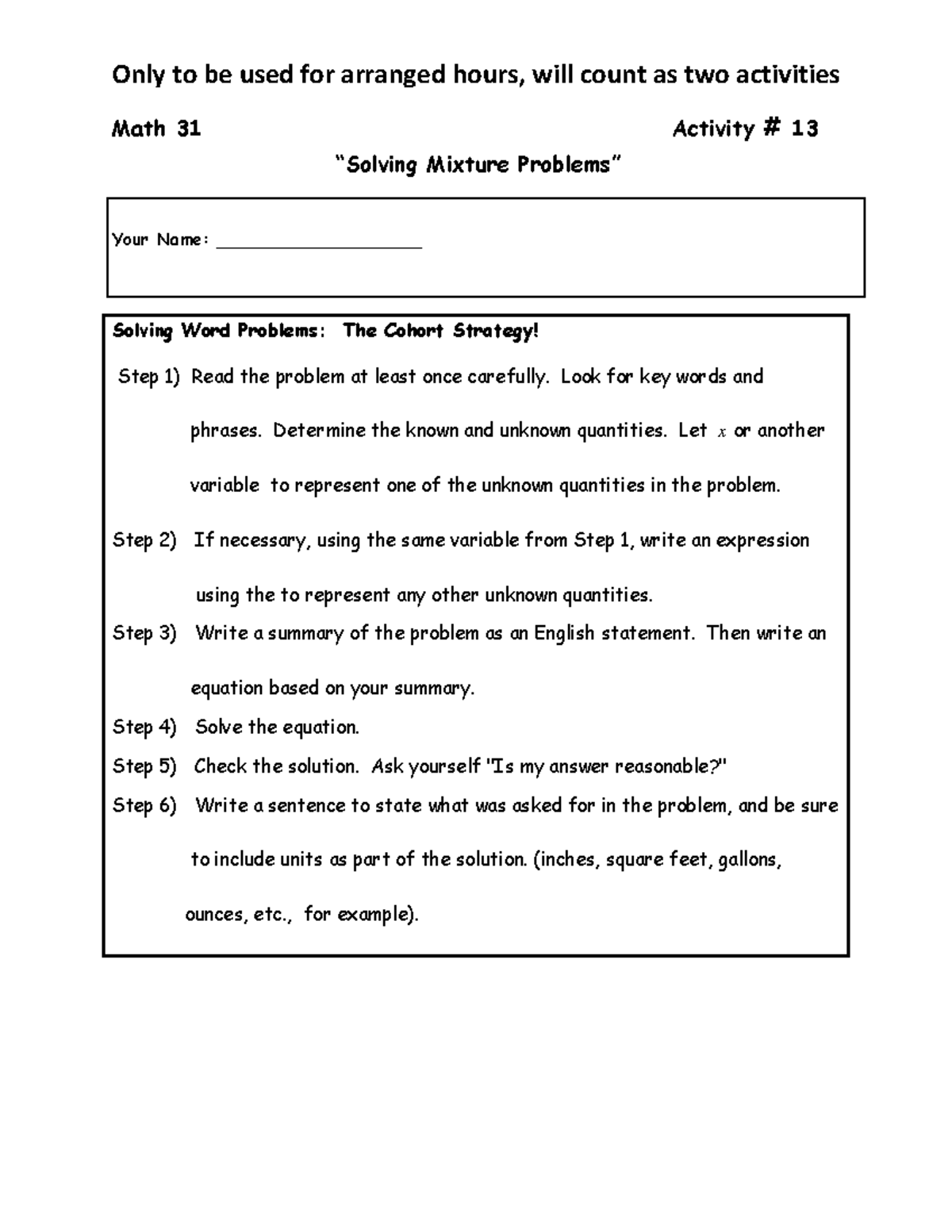 M31 Act 13 Mixture Problems (2hrs) - Math 31 Activity # 13 “Solving ...