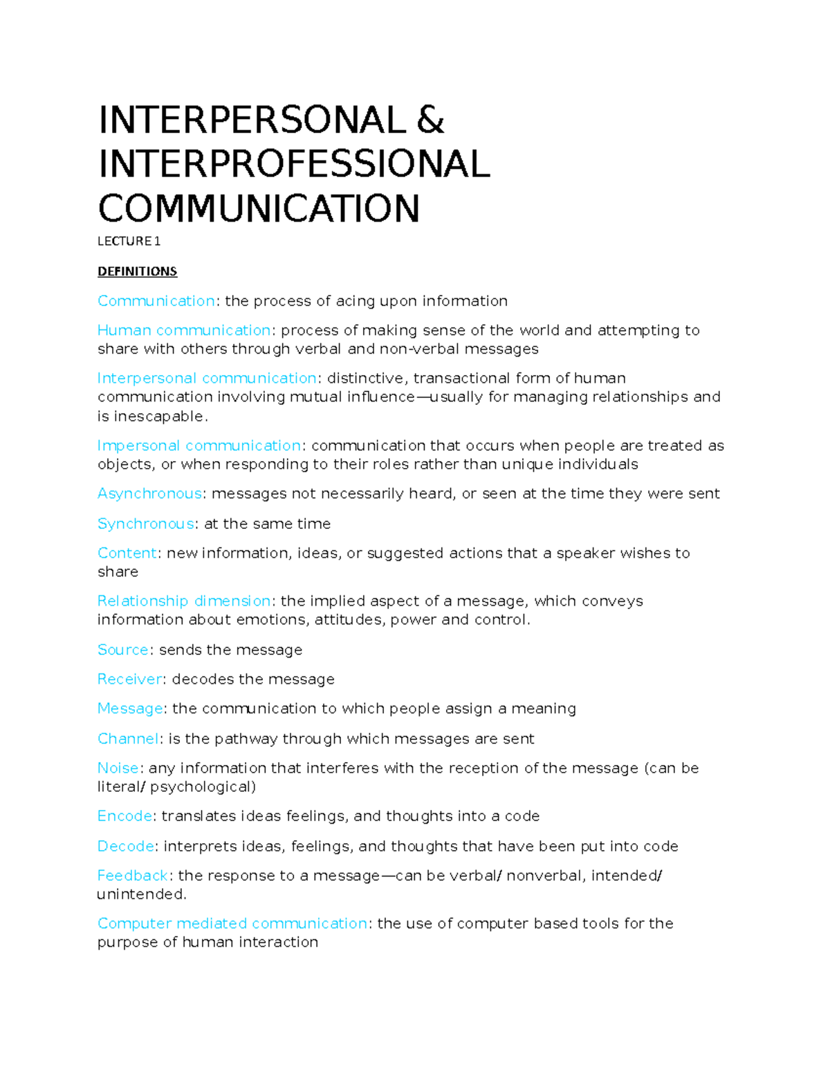 Chapter 1 - INTERPERSONAL & INTERPROFESSIONAL COMMUNICATION LECTURE 1 ...